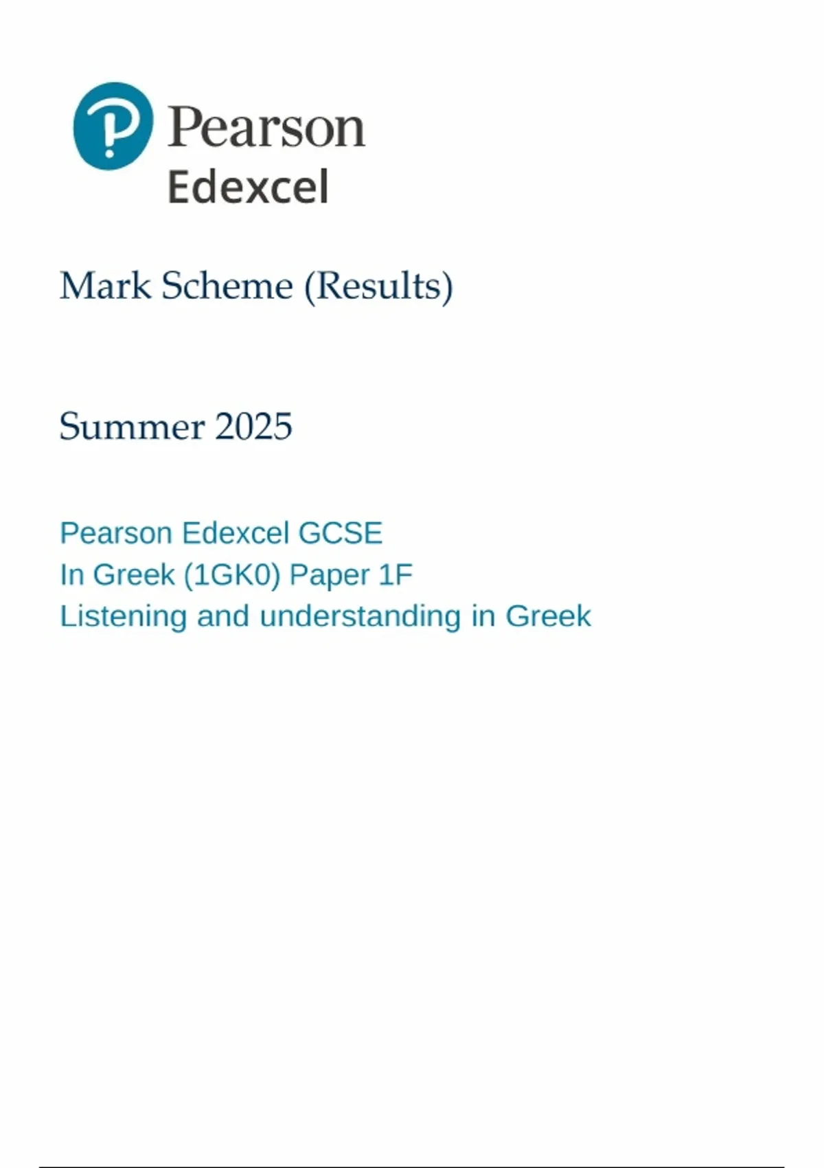 PEARSON EDEXCEL LEVEL 1/LEVEL 2 GCSE(9-1) GREEK PAPER 1 MARK SCHEME ...