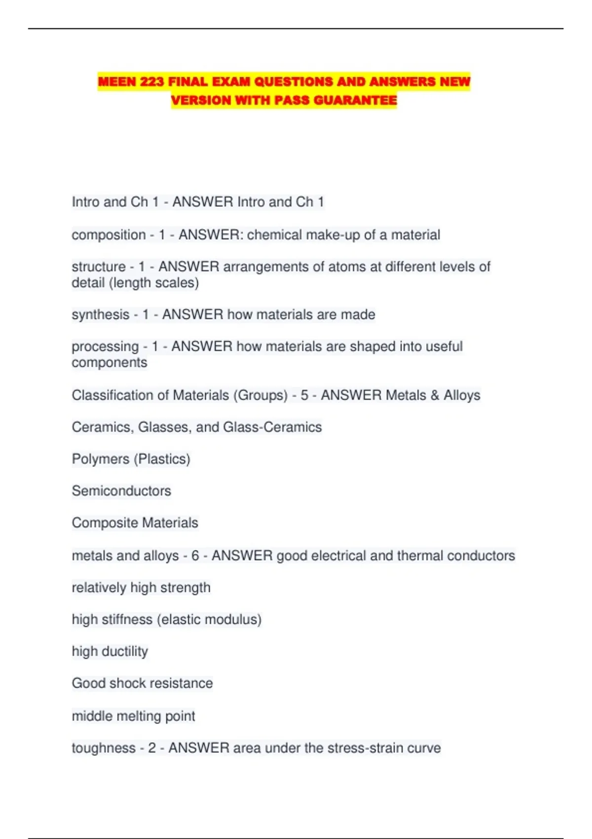 MEEN 223 FINAL EXAM QUESTIONS AND ANSWERS NEW VERSION WITH PASS ...