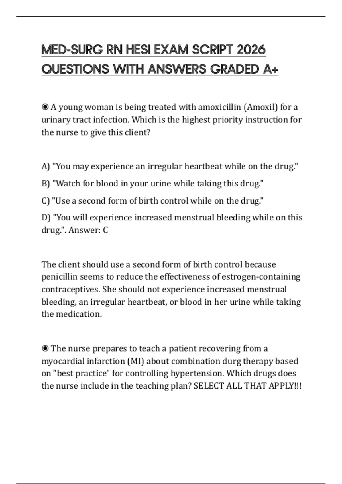MED-SURG RN HESI EXAM SCRIPT 2026 QUESTIONS WITH ANSWERS GRADED A+ ...