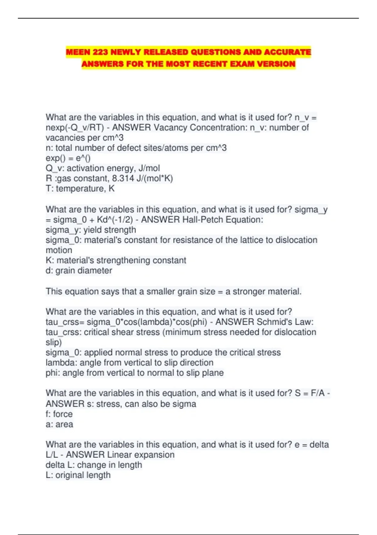 MEEN 223 NEWLY RELEASED QUESTIONS AND ACCURATE ANSWERS FOR THE MOST ...