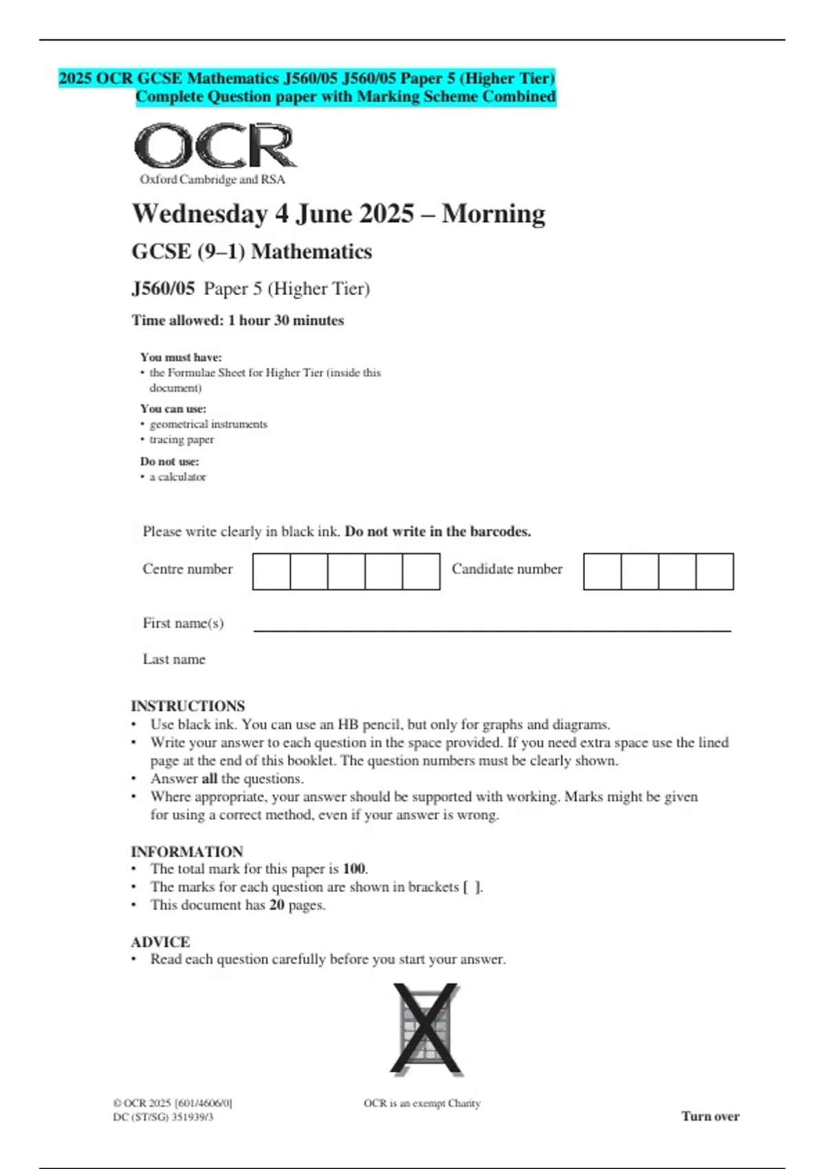 2025 OCR GCSE Mathematics J560/05 J560/05 Paper 5 (Higher Tier ...