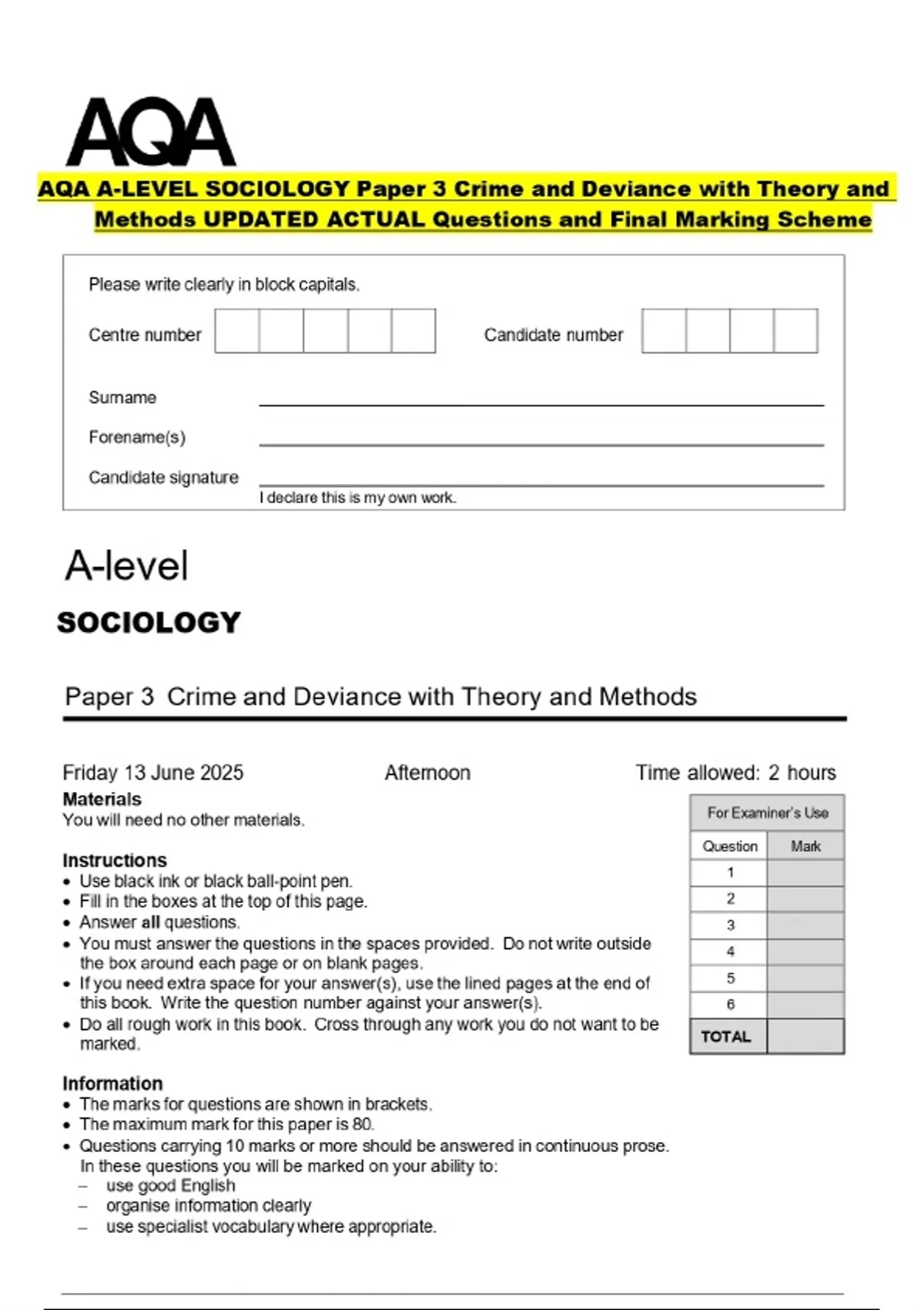 AQA A-LEVEL SOCIOLOGY Paper 3 Crime and Deviance with Theory and ...