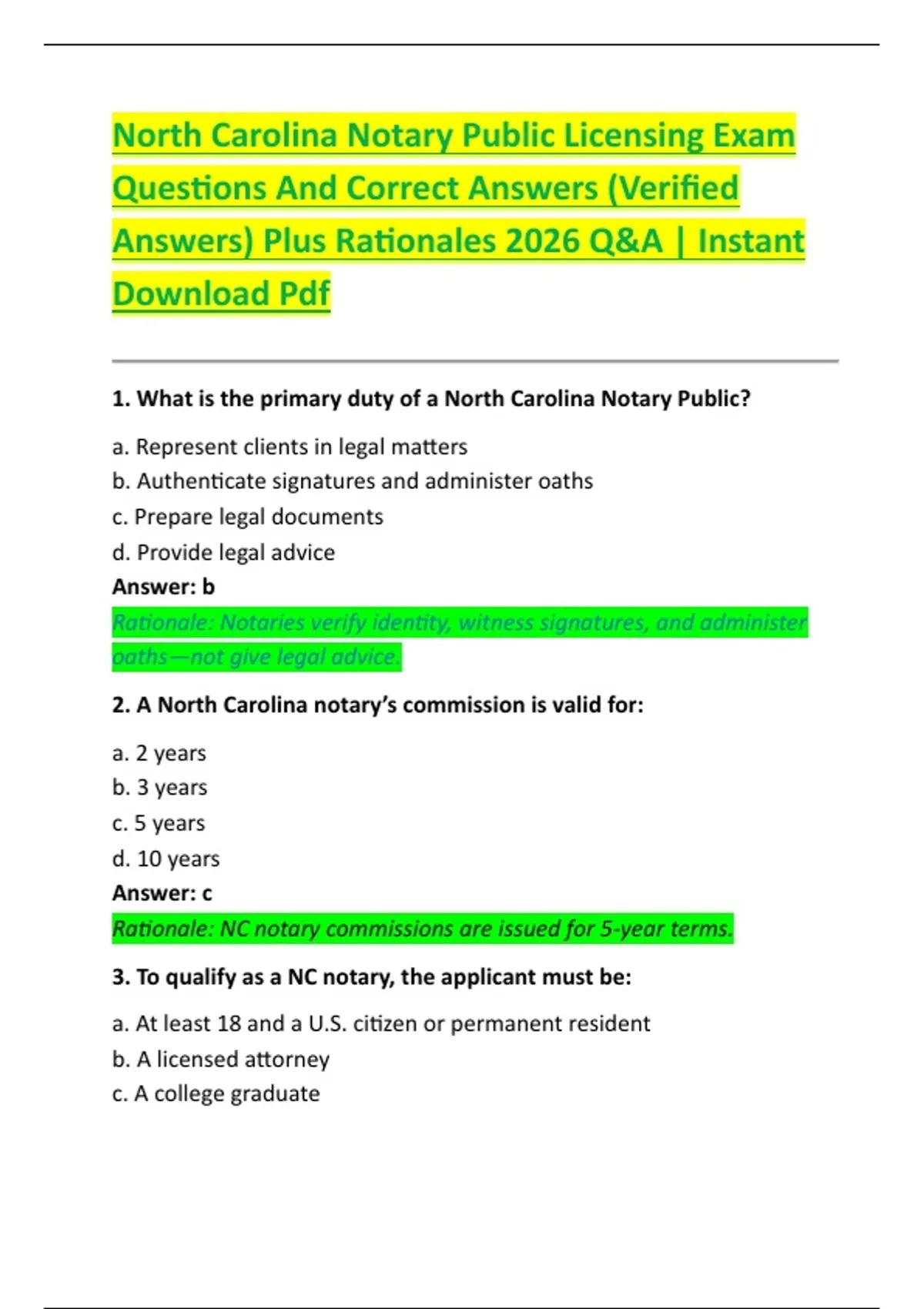 North Carolina Notary Public Licensing Exam Questions And Correct ...