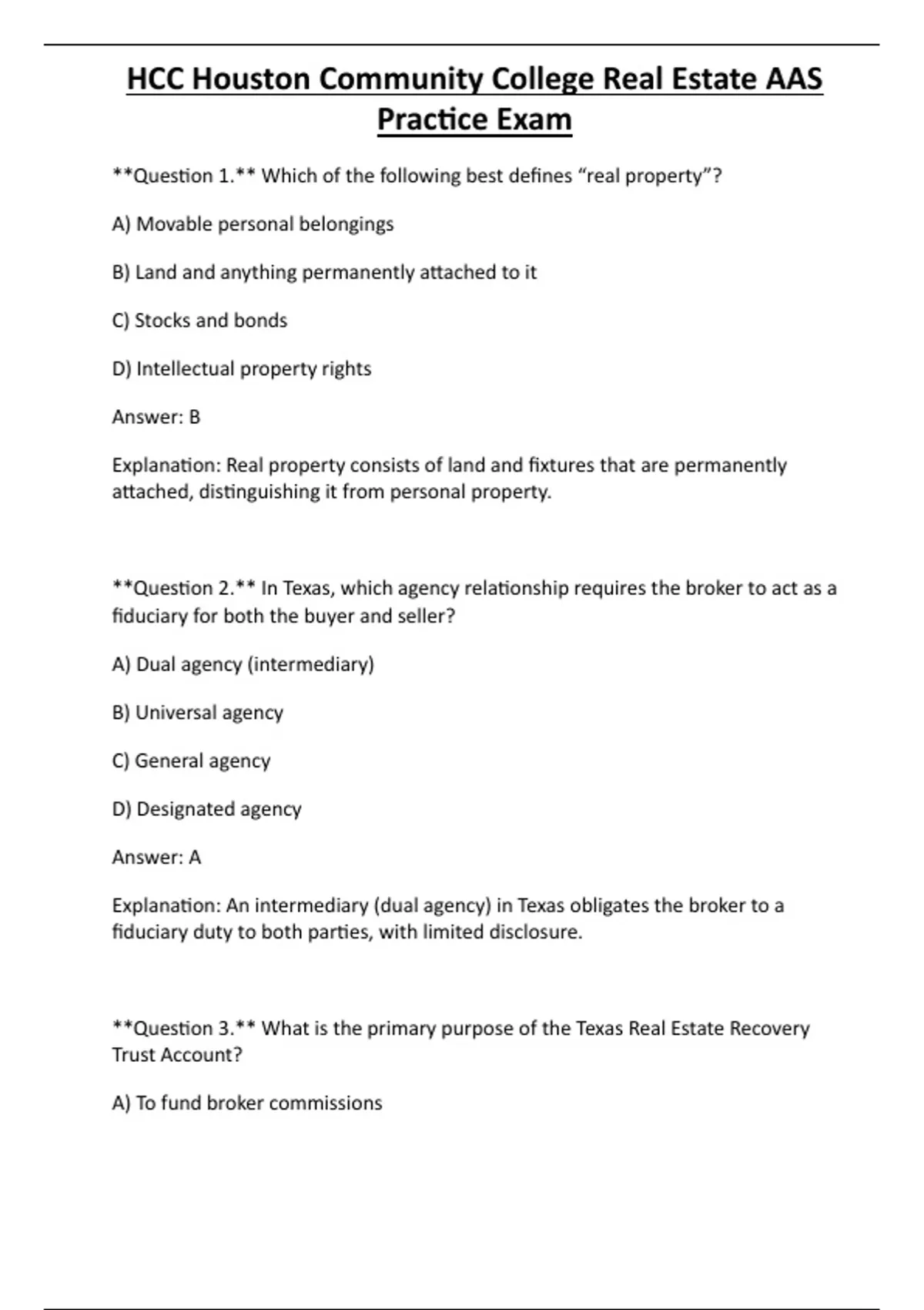 HCC Houston Community College Real Estate AAS Practice Exam - Computer ...