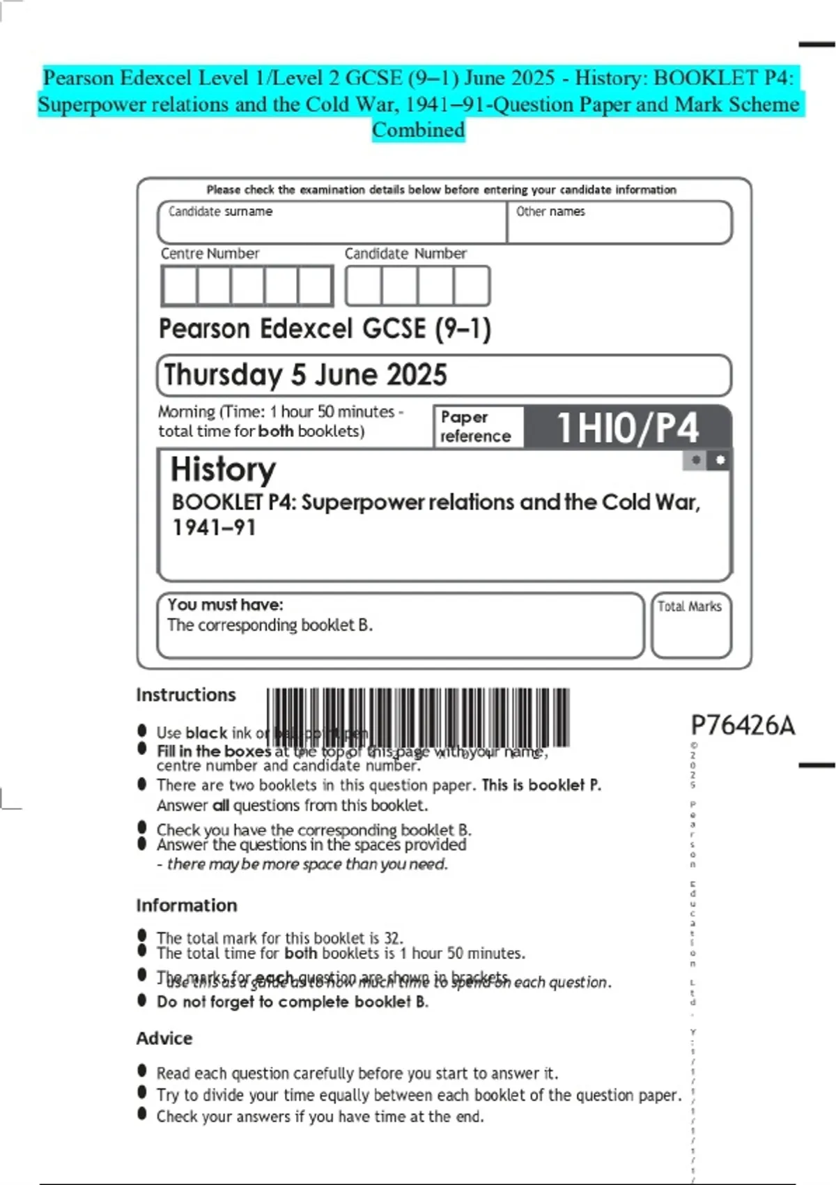 Pearson Edexcel Level 1/Level 2 GCSE (9–1) June 2025 - History: BOOKLET ...