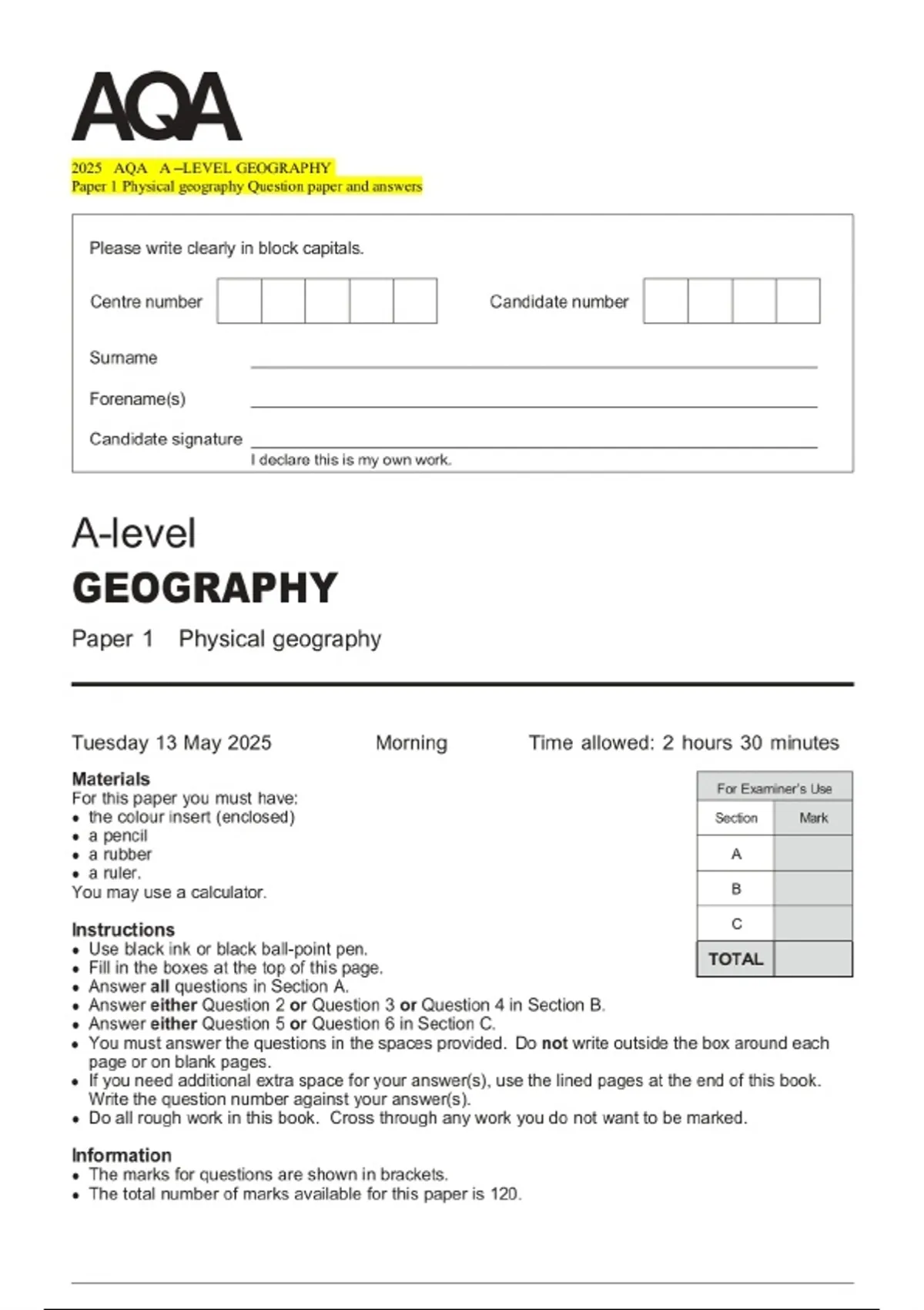 2025 AQA A –LEVEL GEOGRAPHY Paper 1 Physical geography Question paper ...