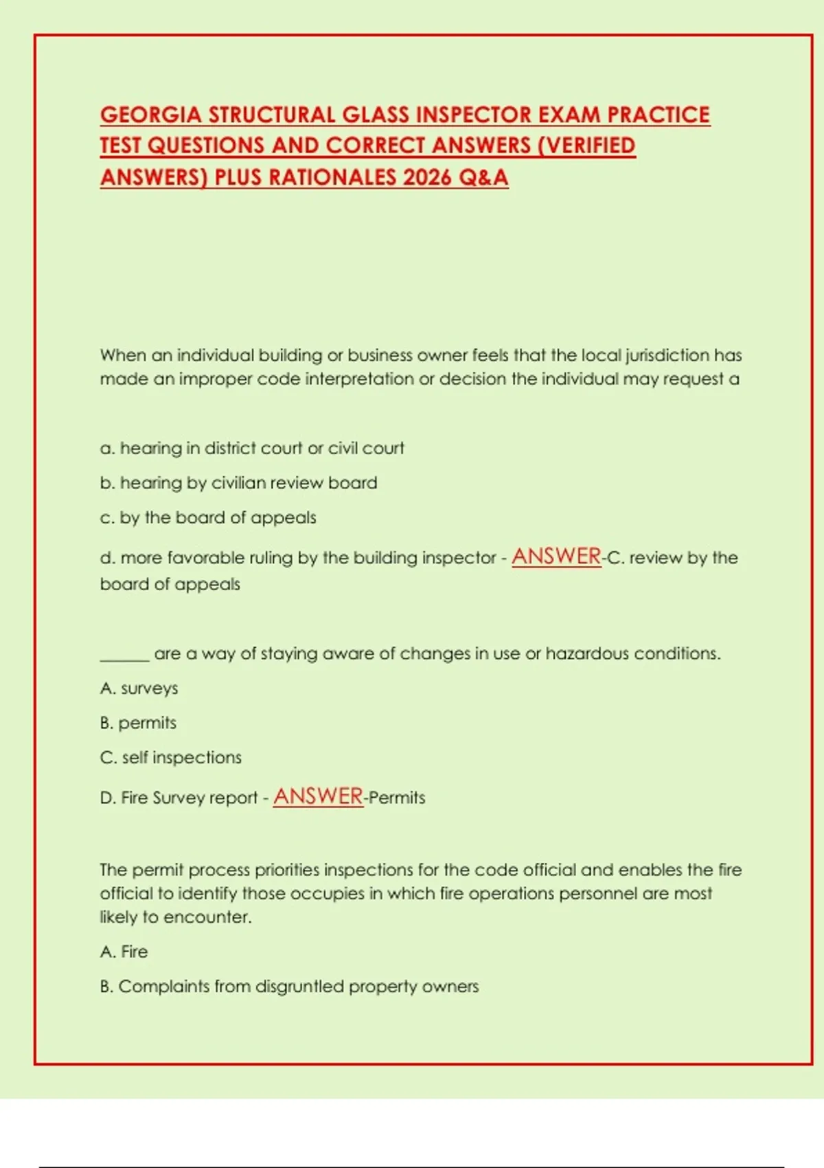 GEORGIA STRUCTURAL GLASS INSPECTOR EXAM PRACTICE TEST QUESTIONS AND ...