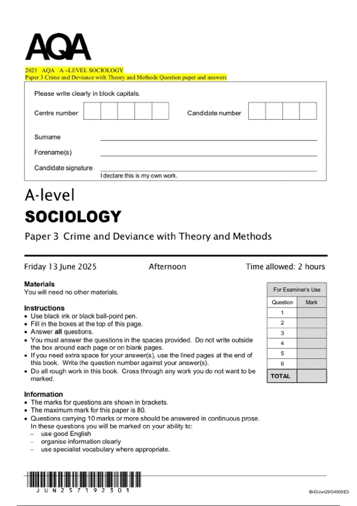 2025 AQA A –LEVEL SOCIOLOGY Paper 3 Crime and Deviance with Theory and ...