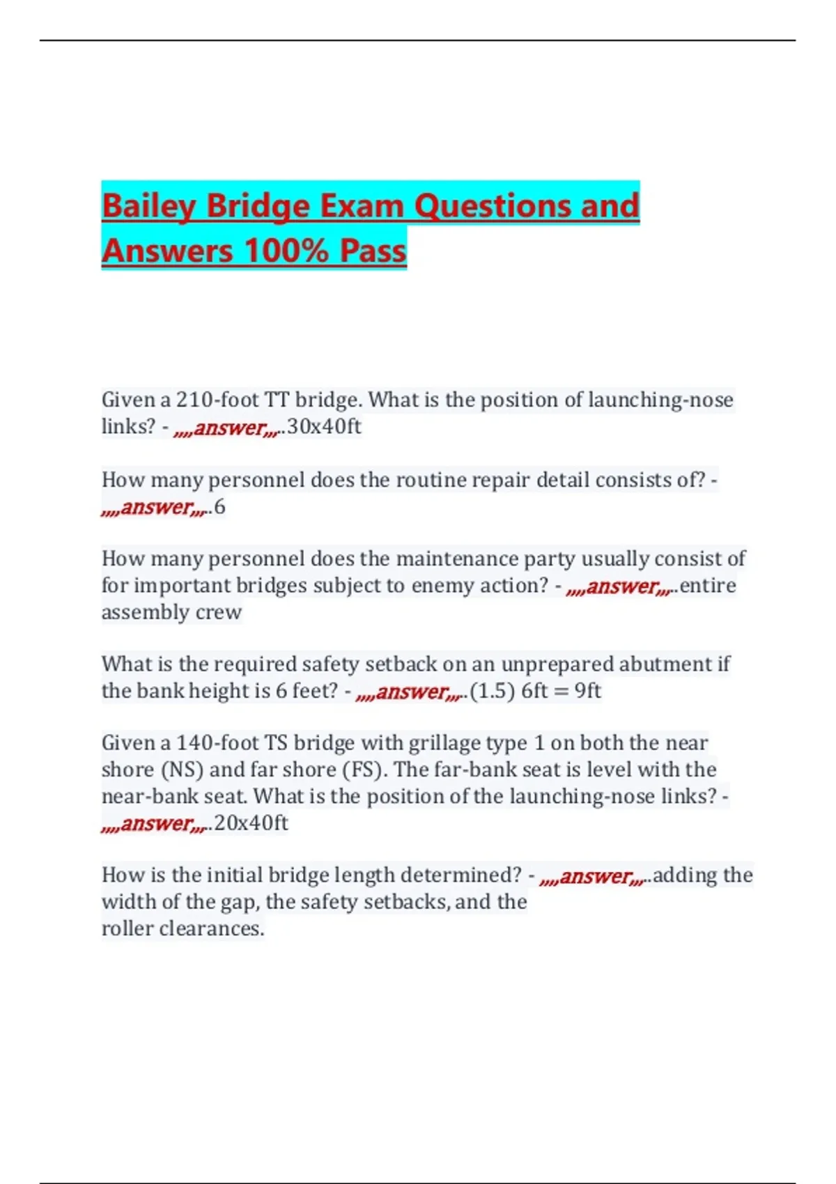 Bailey Bridge Exam Questions and Answers 100% Pass Given a 210-foot TT ...