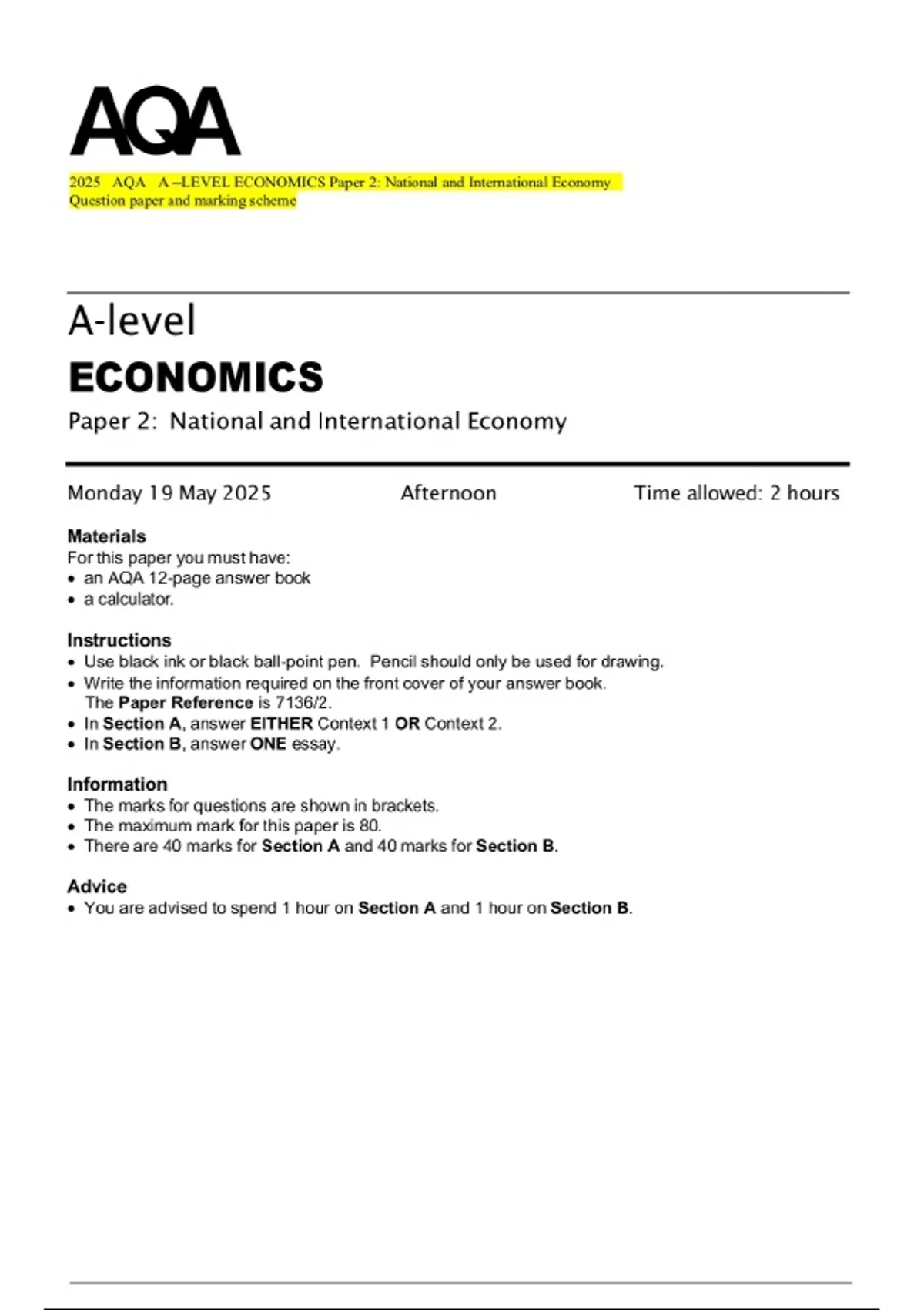 2025 AQA A –LEVEL ECONOMICS Paper 2: National and International Economy ...