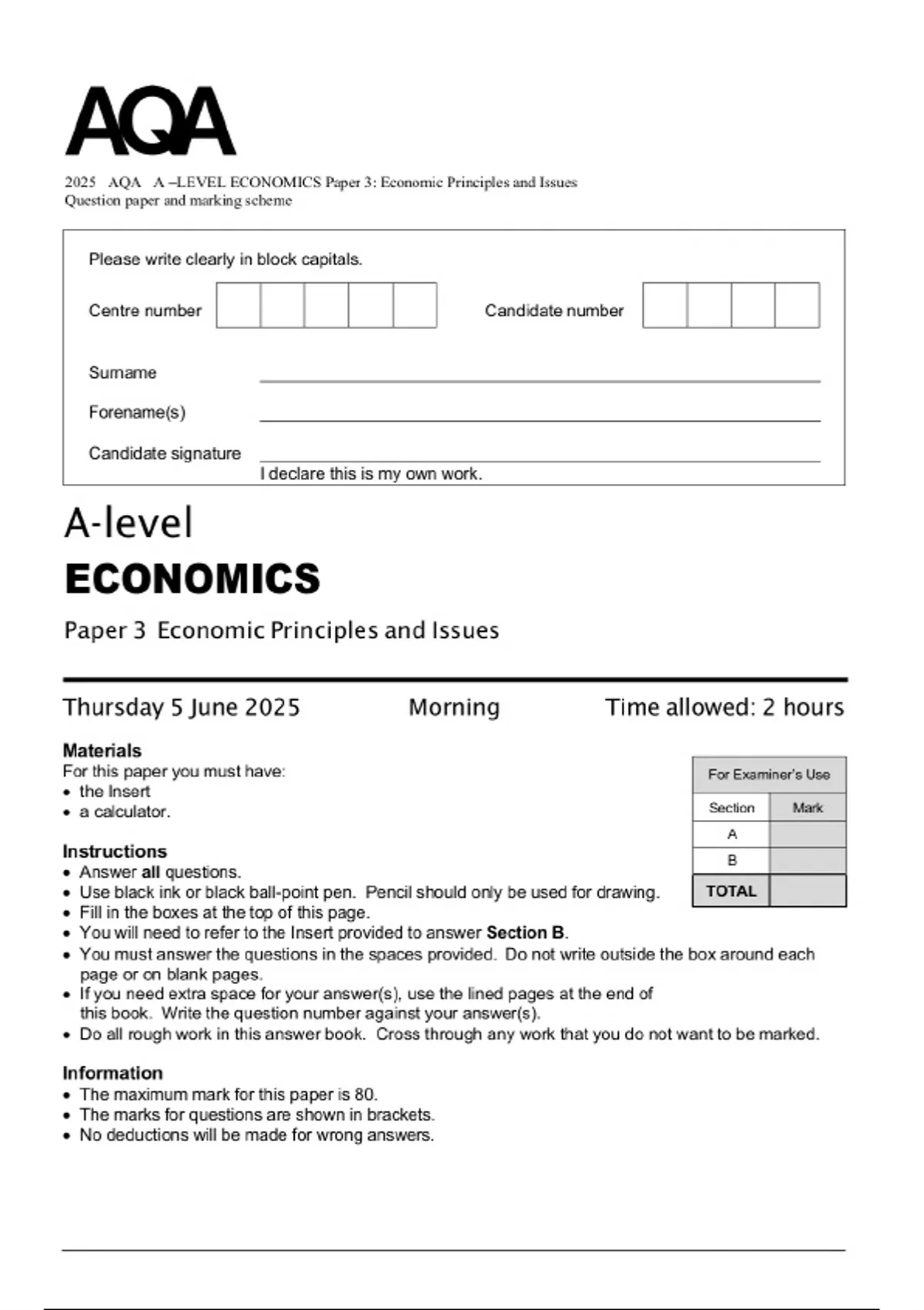 2025 AQA A –LEVEL ECONOMICS Paper 3: Economic Principles and Issues ...