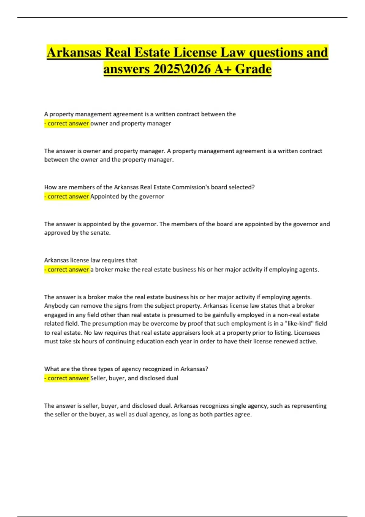 Arkansas Real Estate License Law | Verified Questions & Correct ...