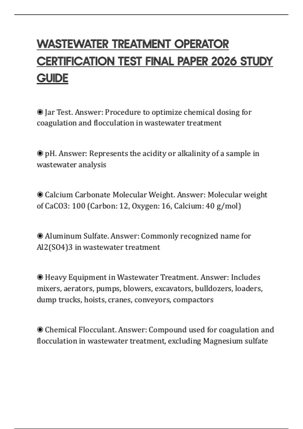 WASTEWATER TREATMENT OPERATOR CERTIFICATION TEST FINAL PAPER 2026 STUDY ...