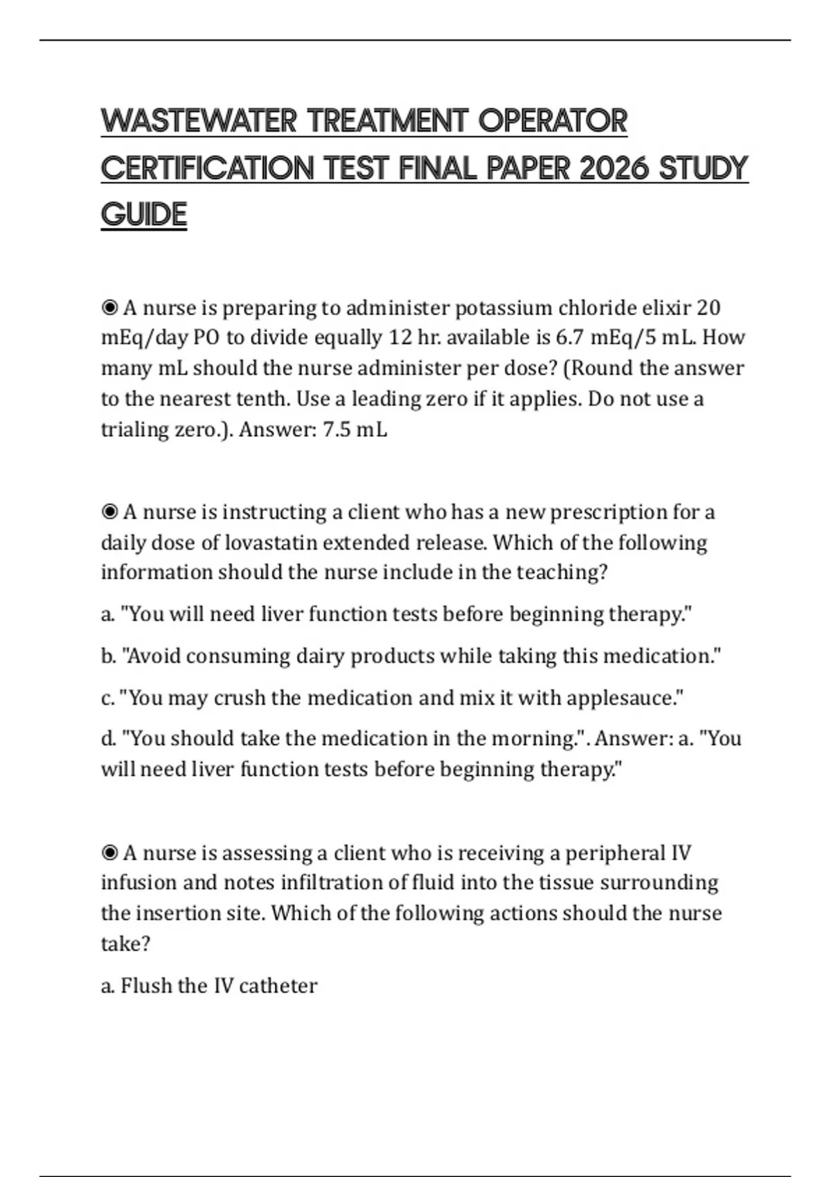 WASTEWATER TREATMENT OPERATOR CERTIFICATION TEST FINAL PAPER 2026 STUDY ...