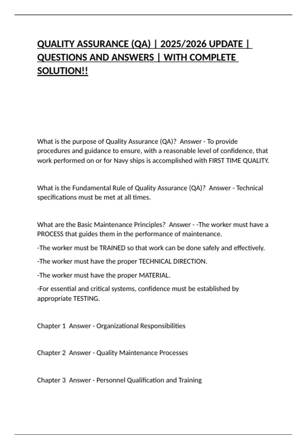 QUALITY ASSURANCE (QA) | 2025/2026 UPDATE | QUESTIONS AND ANSWERS ...