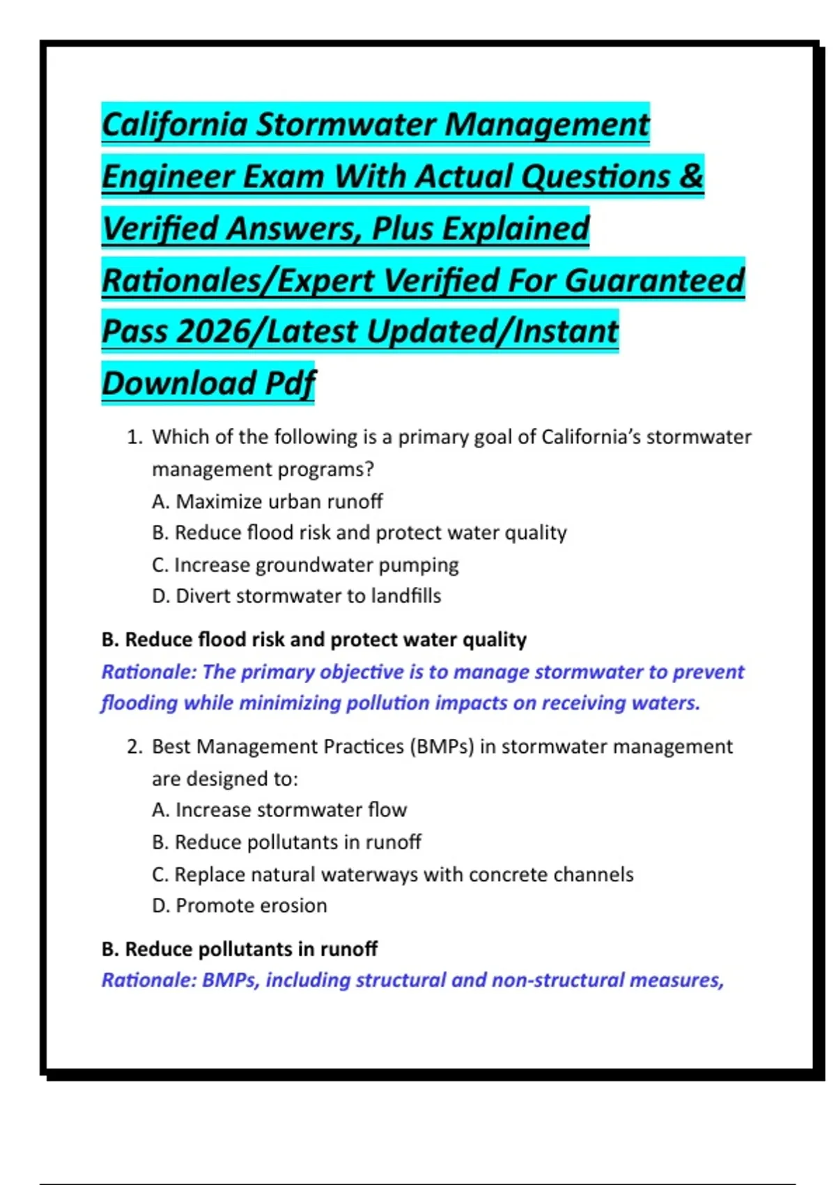 California Stormwater Management Engineer Exam With Actual Questions ...