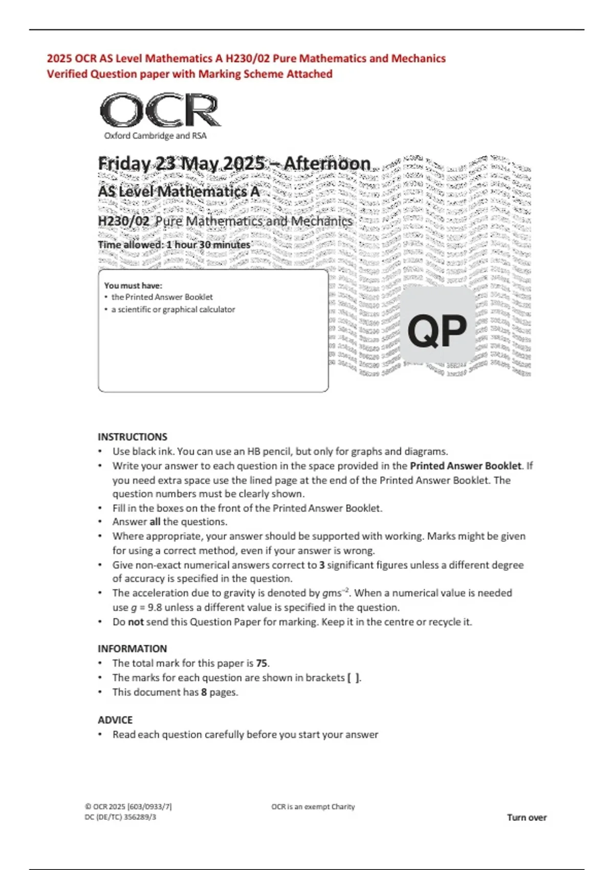 2025 OCR AS Level Mathematics A H230/02 Pure Mathematics and Mechanics ...