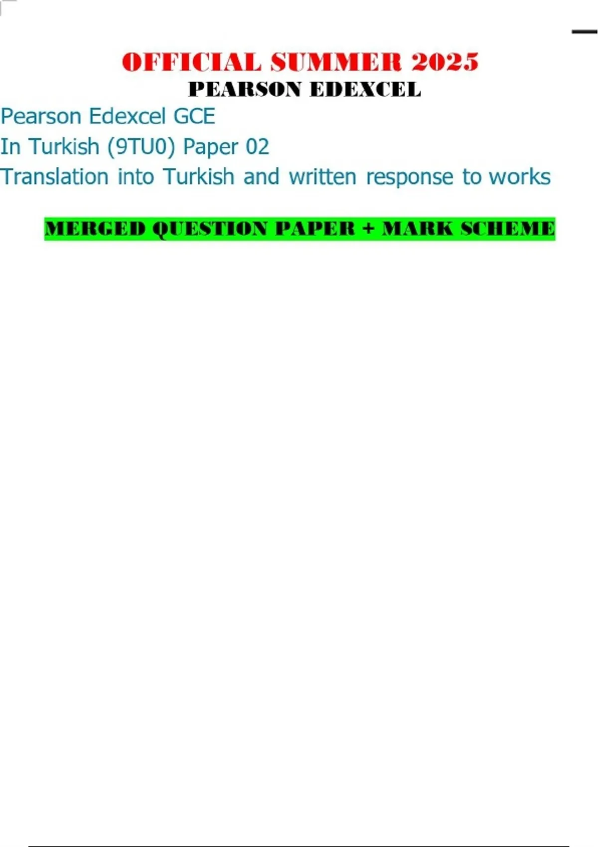 OFFICIAL SUMMER 2025 PEARSON EDEXCEL Pearson Edexcel GCE In Turkish ...