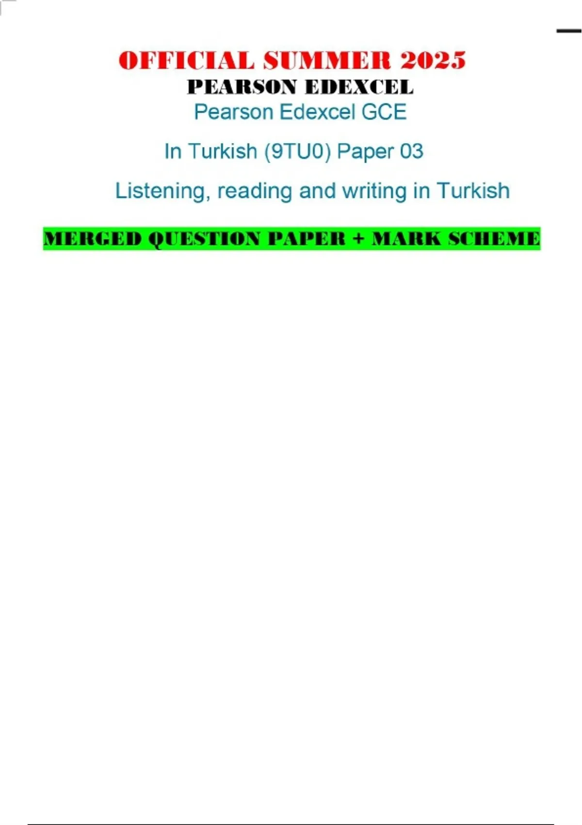 OFFICIAL SUMMER 2025 PEARSON EDEXCEL Pearson Edexcel GCE In Turkish ...