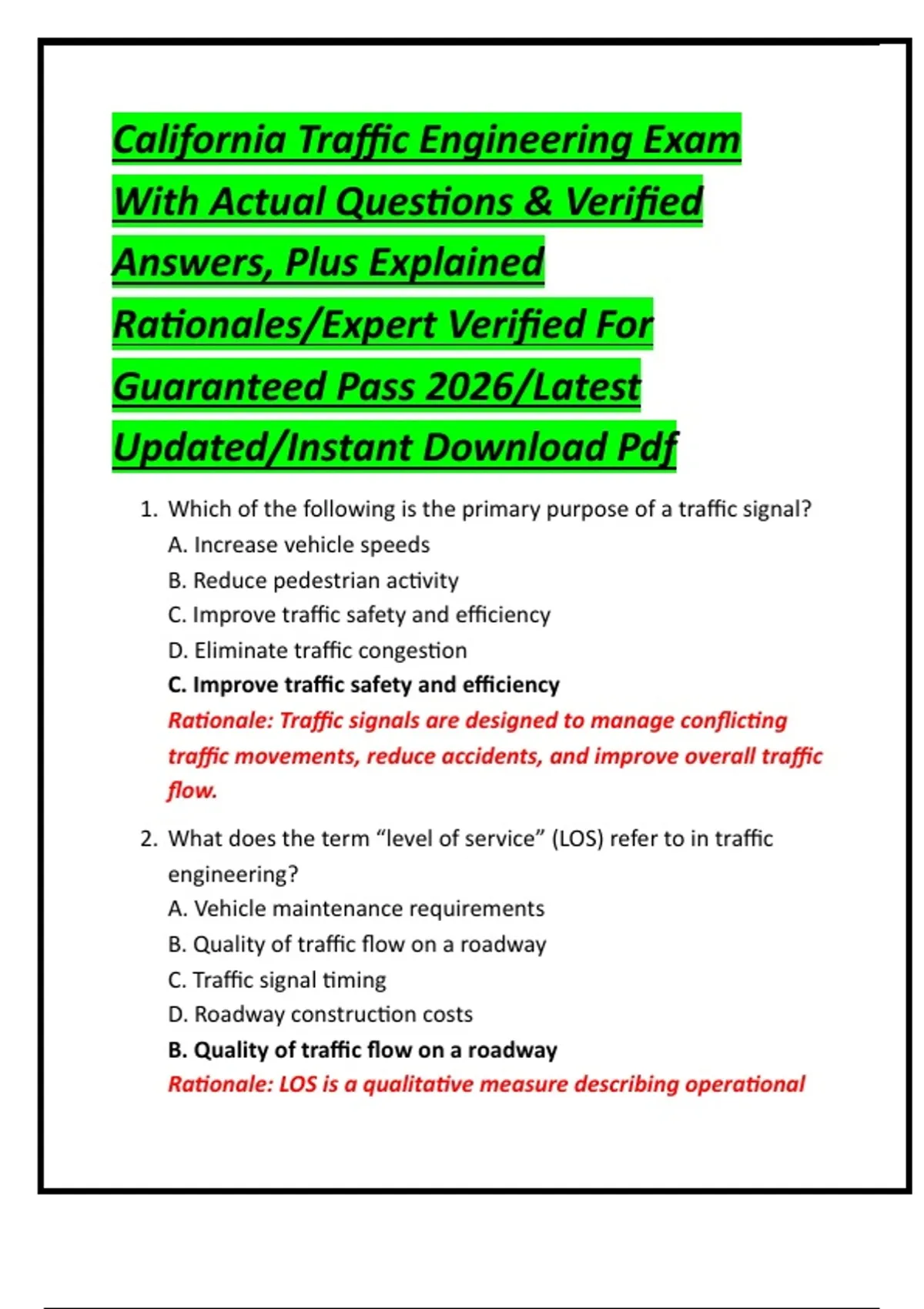 California Traffic Engineering Exam With Actual Questions & Verified ...