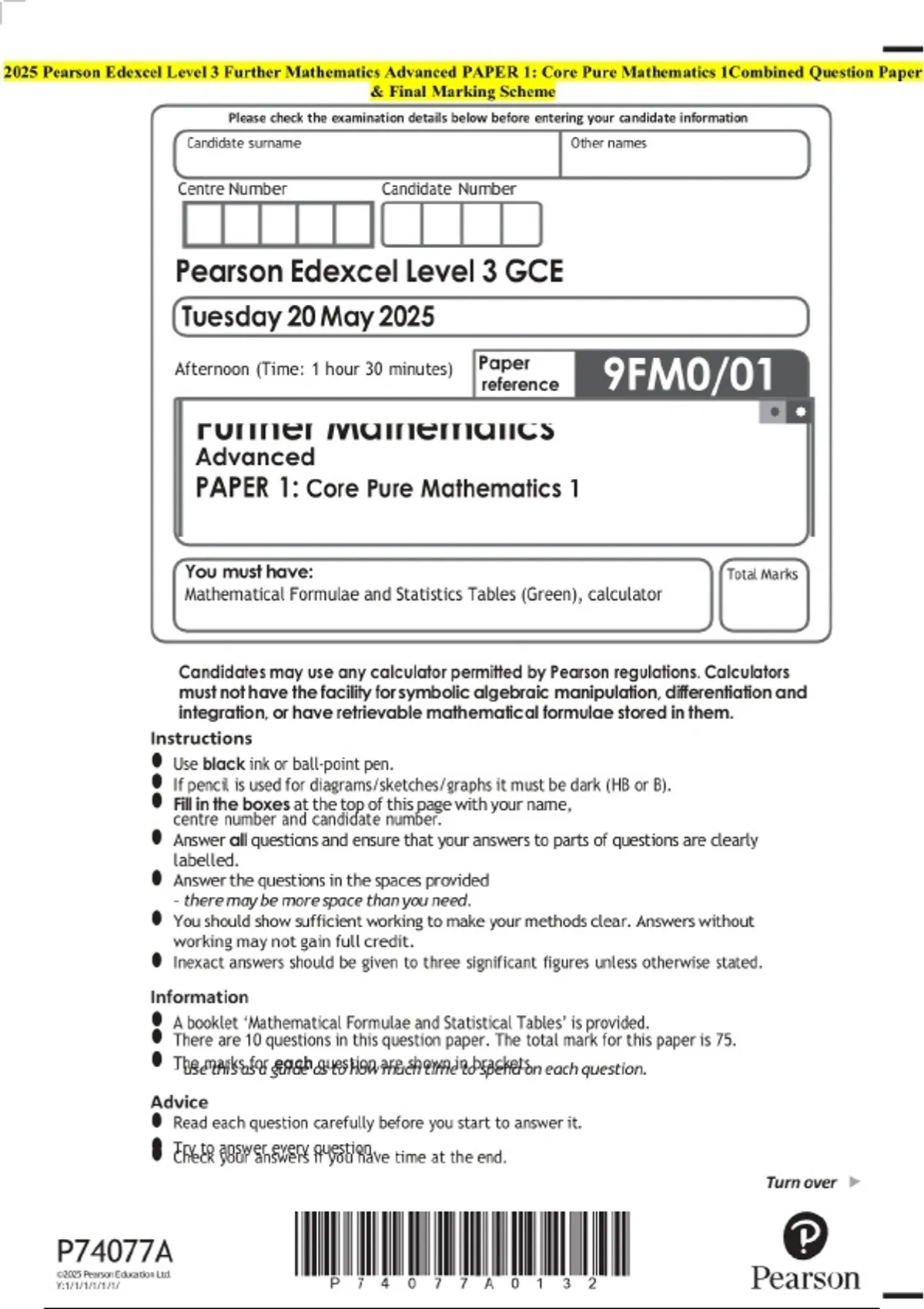 2025 Pearson Edexcel Level 3 Further Mathematics Advanced PAPER 1: Core ...