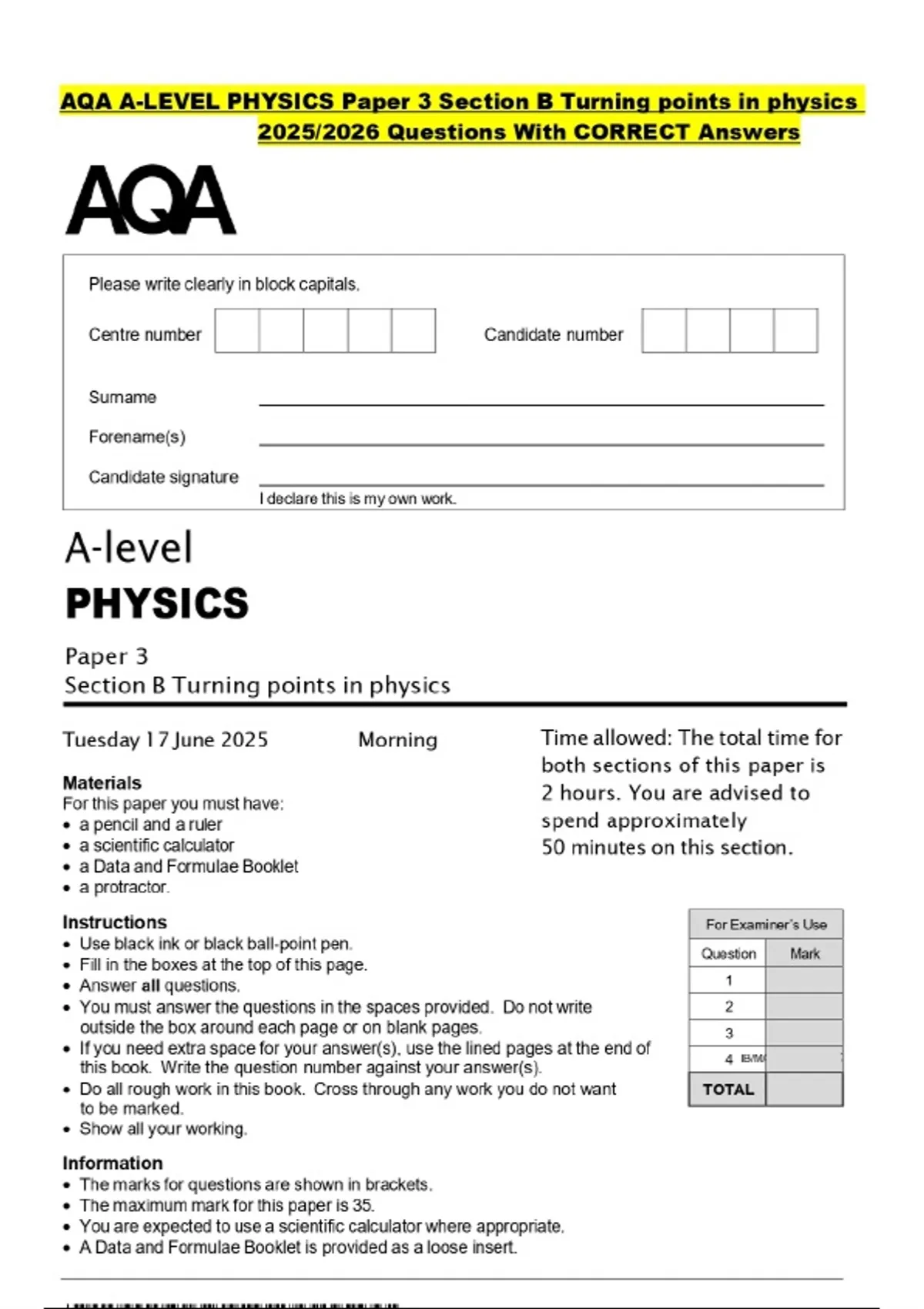 AQA A-LEVEL PHYSICS Paper 3 Section B Turning points in physics 2025/ ...
