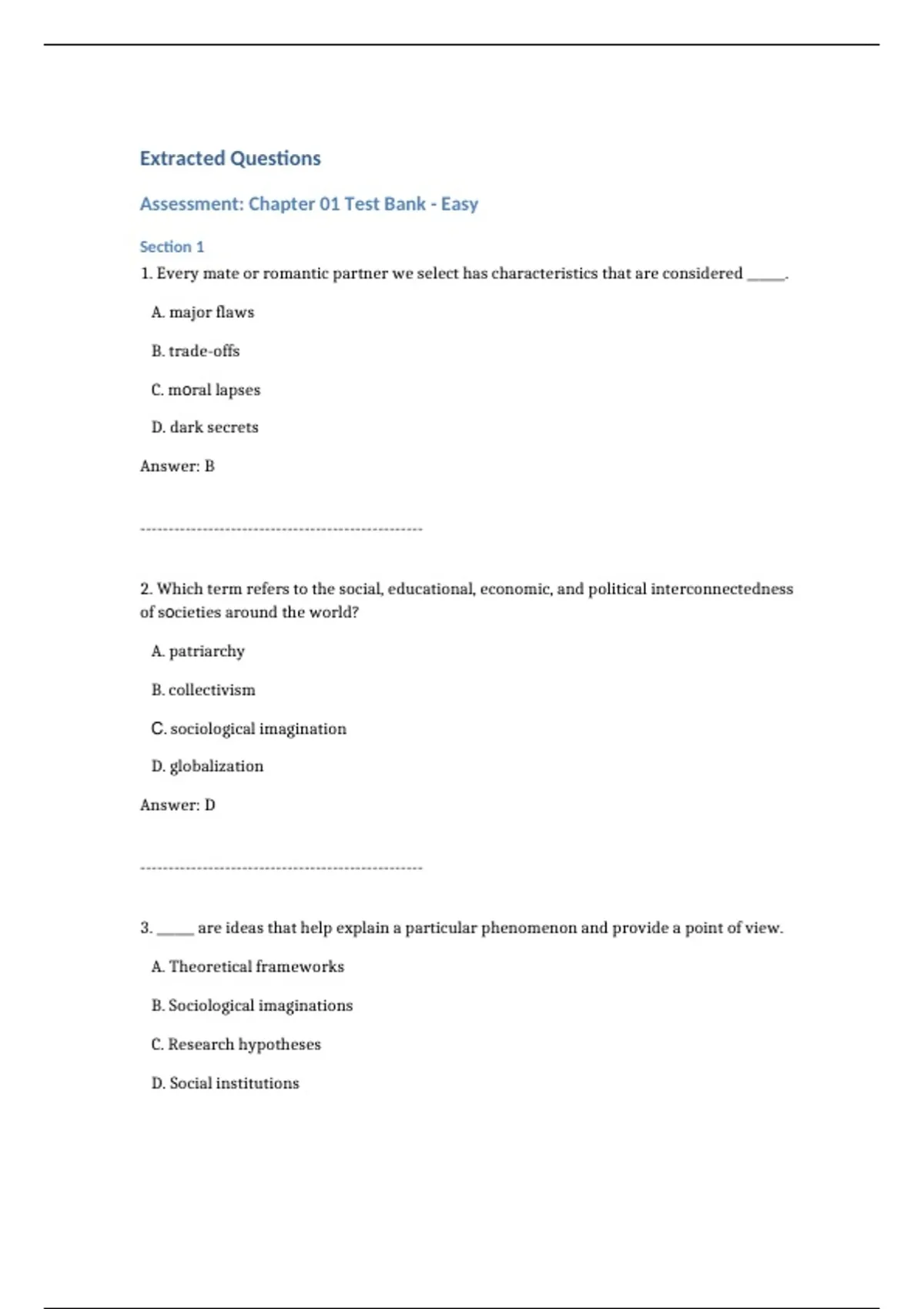 practice test bank questions, final exam : Choices in Relationships ...