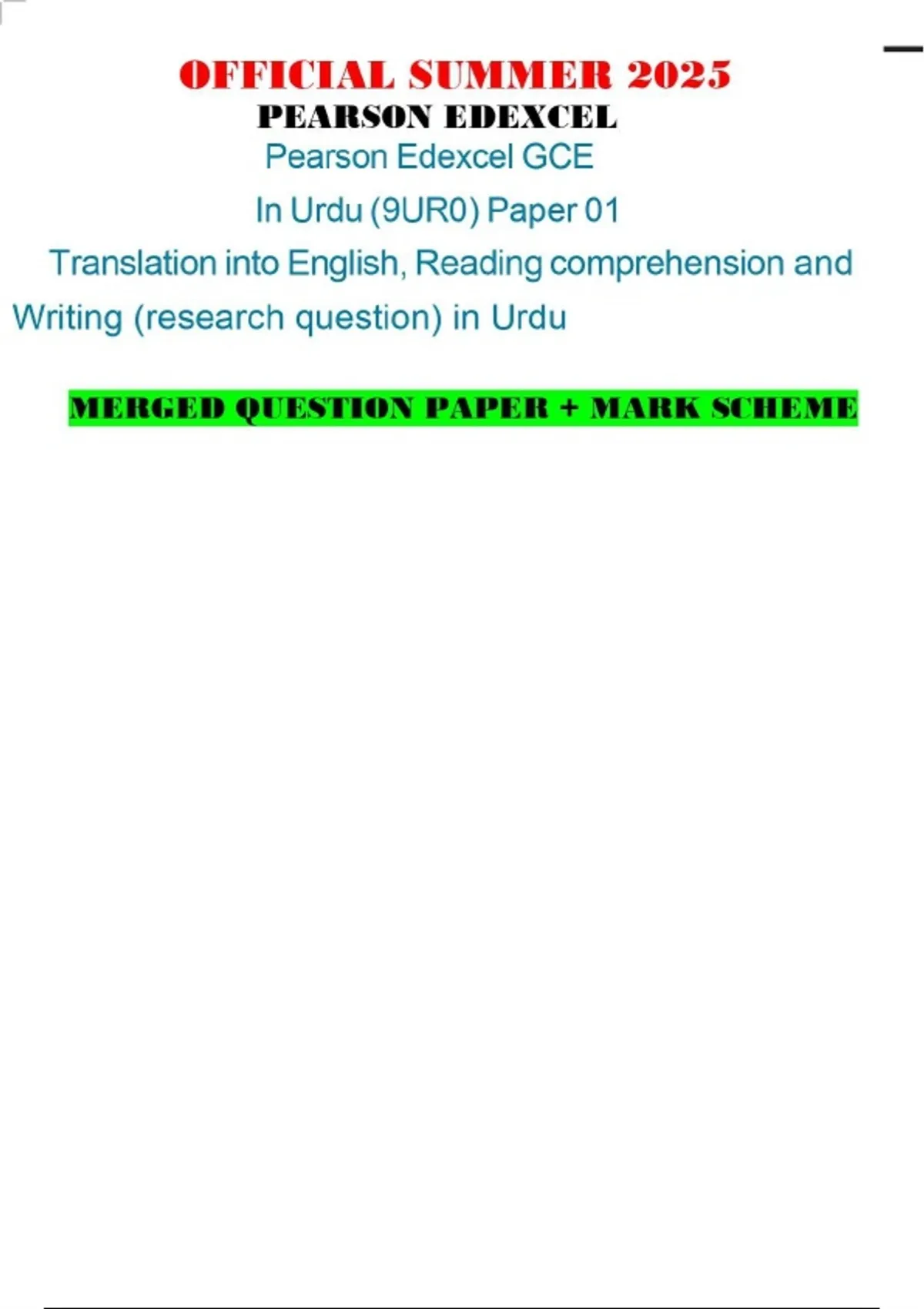 OFFICIAL SUMMER 2025 PEARSON EDEXCEL Pearson Edexcel GCE In Urdu (9UR0 ...