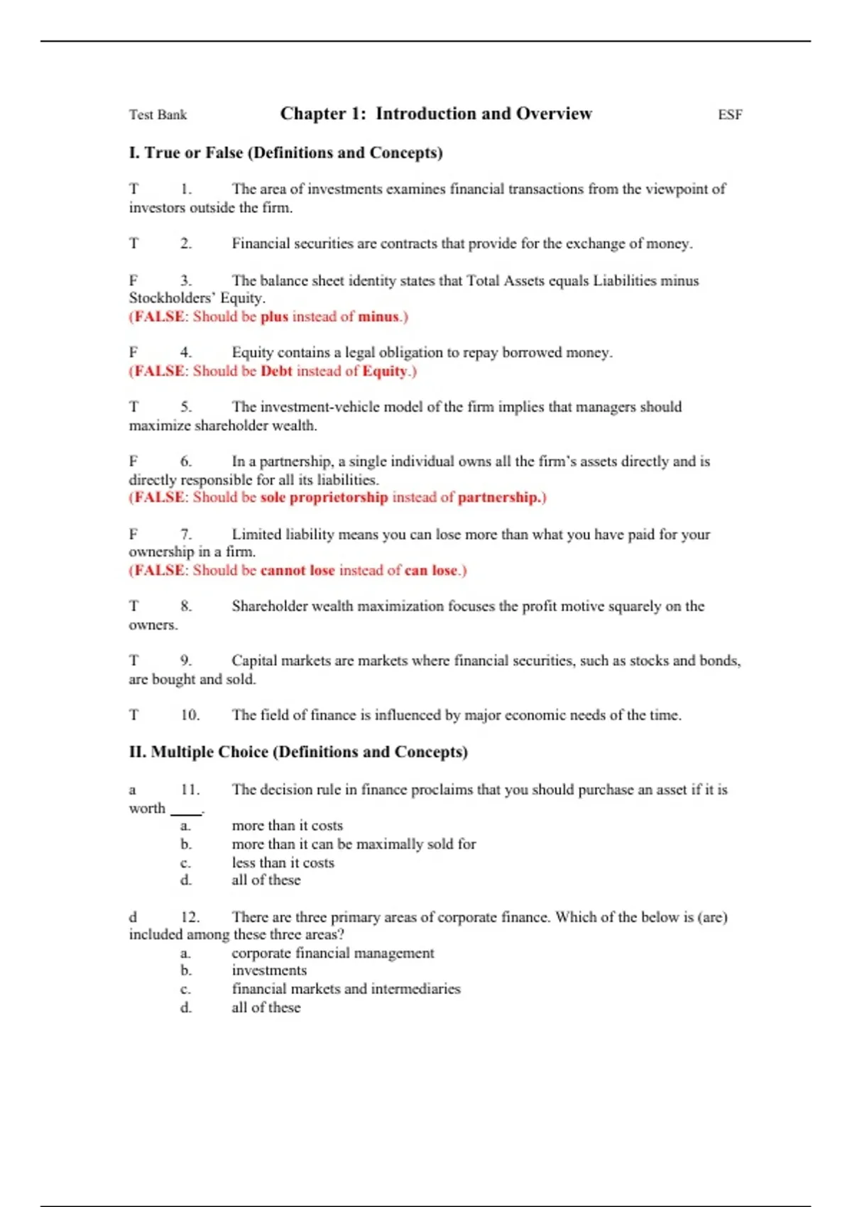 practice test bank questions, final exam : Corporate Financial ...