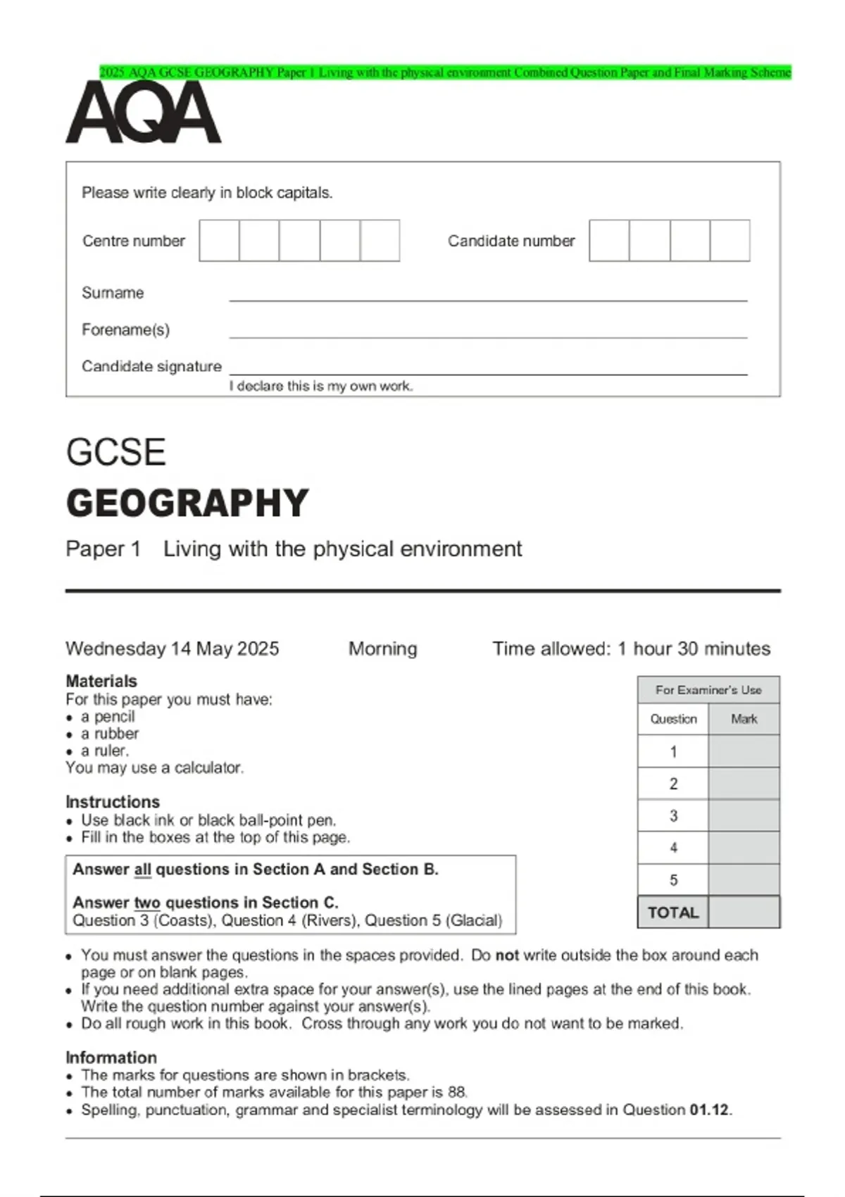 2025 AQA GCSE GEOGRAPHY Paper 1 Living with the physical environment ...