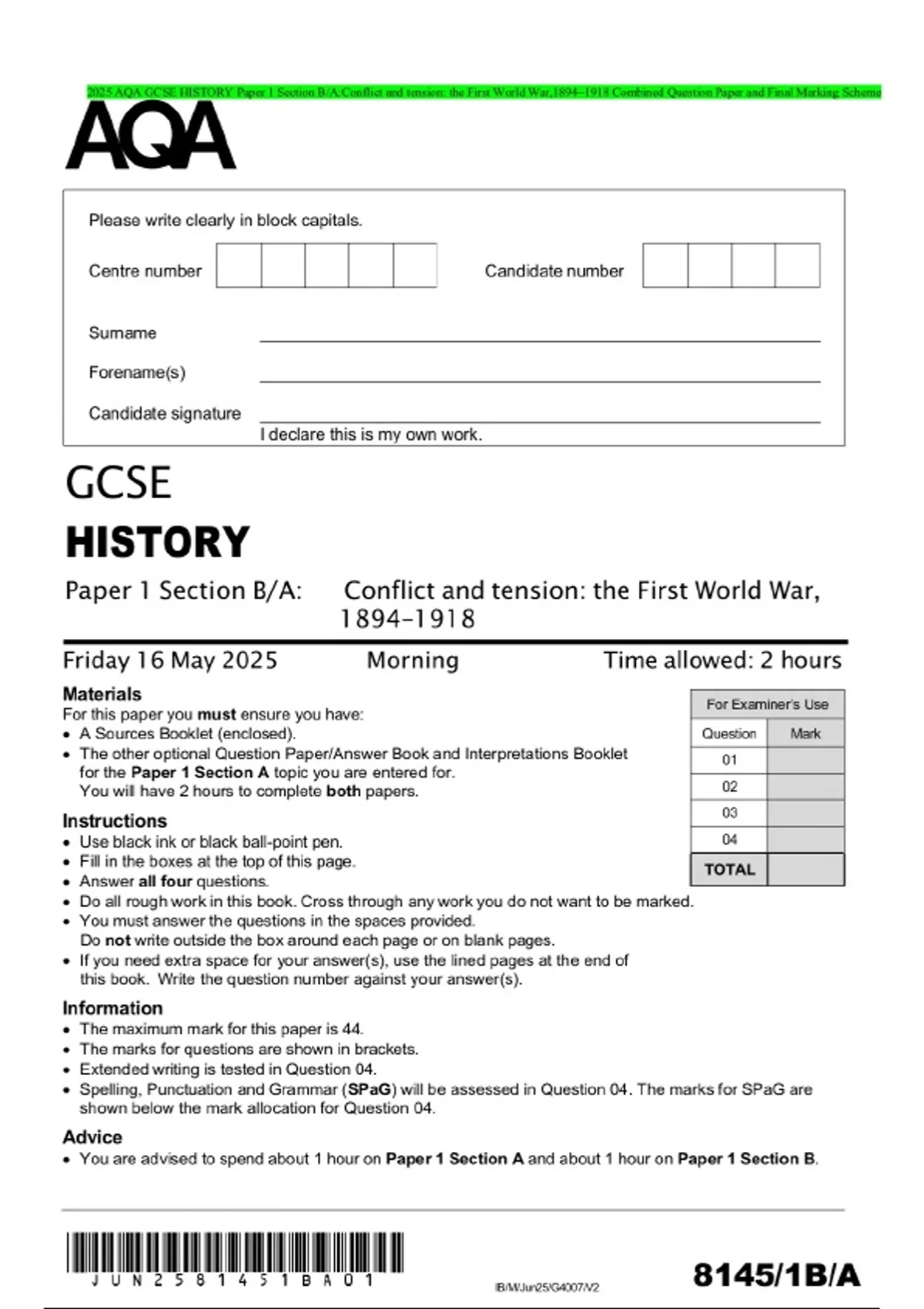 2025 AQA GCSE HISTORY Paper 1 Section B/A:Conflict and tension: the ...