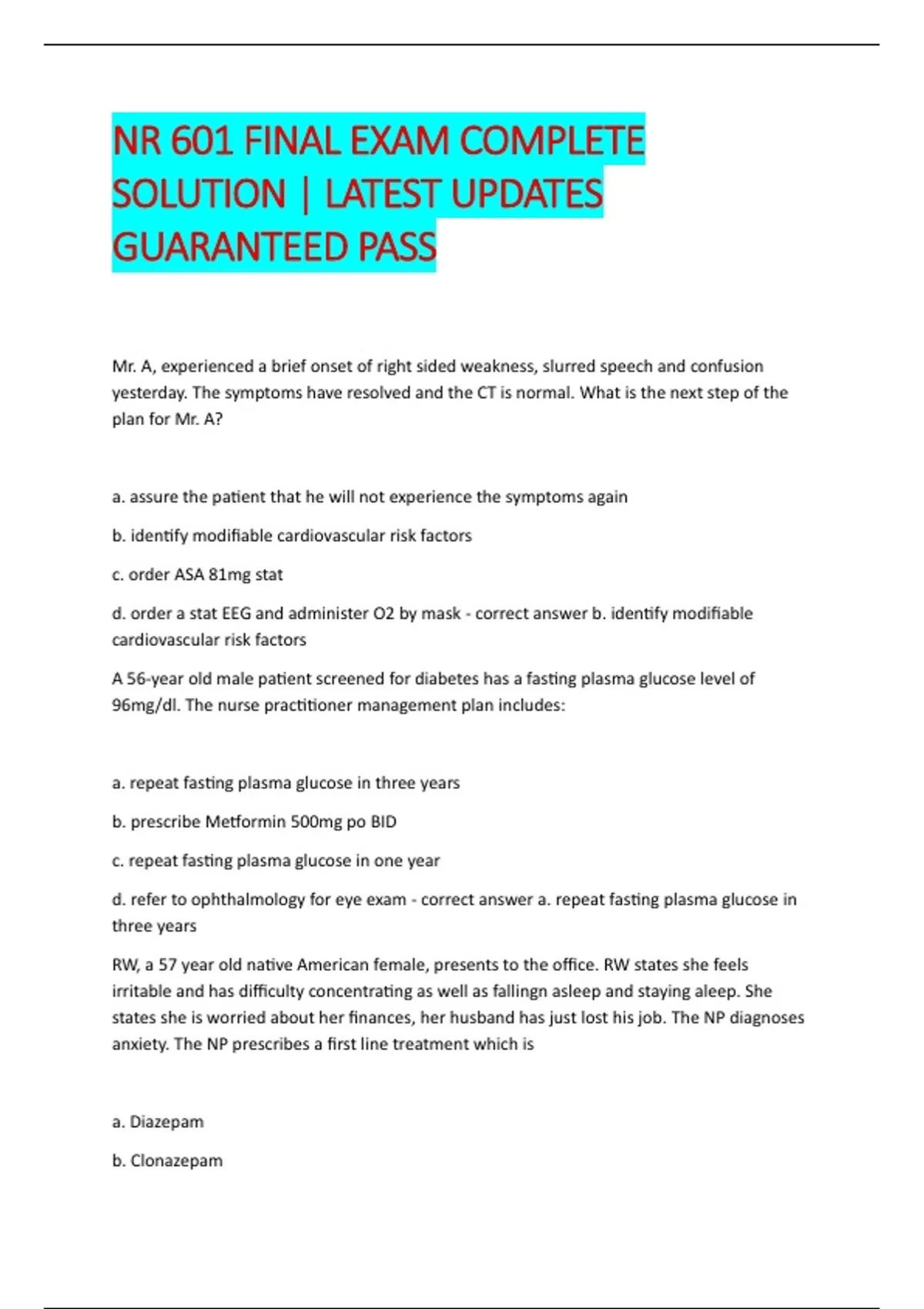 NR 601 FINAL EXAM COMPLETE SOLUTION | LATEST UPDATES GUARANTEED PASS Mr ...