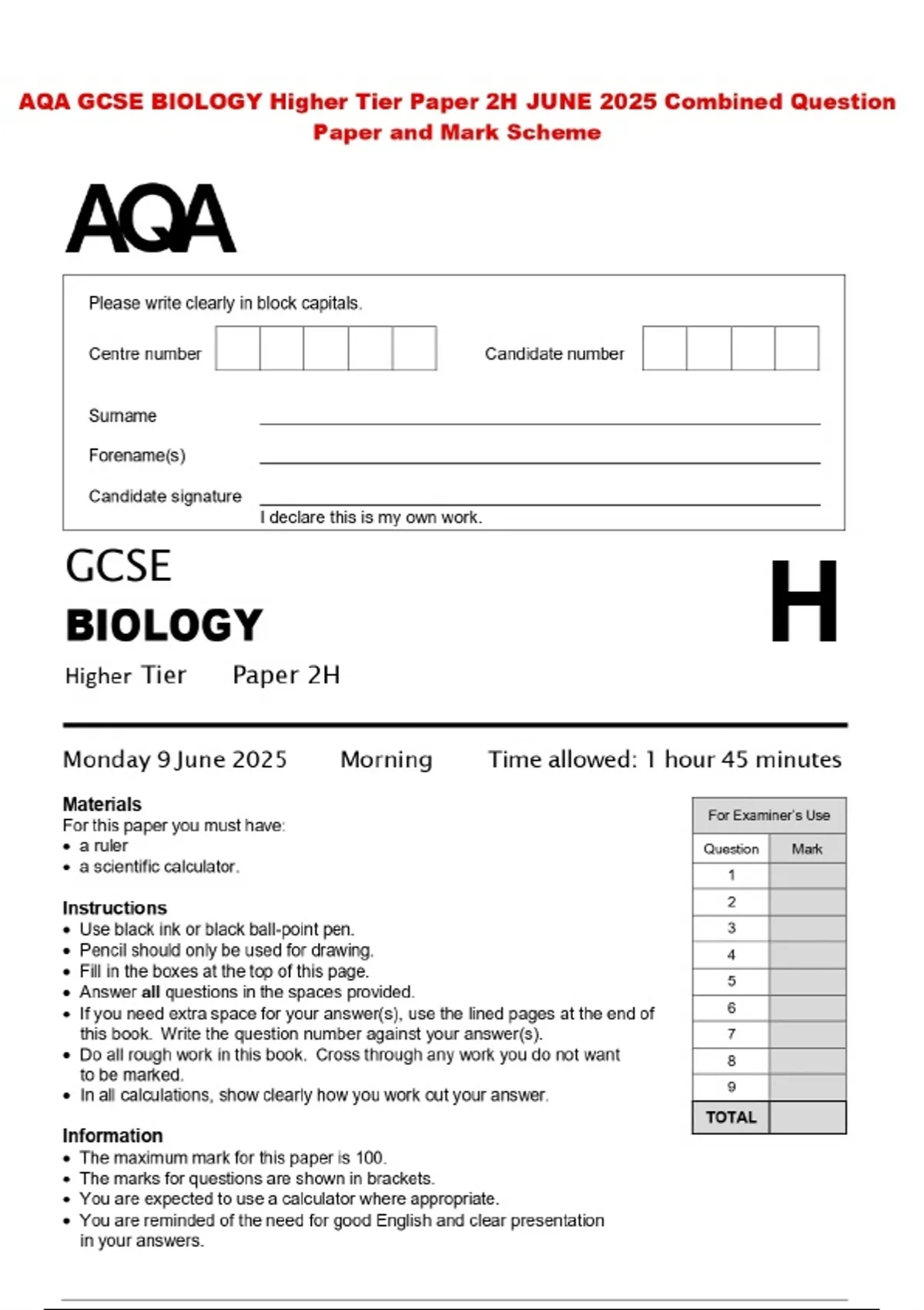 BUNDLE:::AQA GCSE BIOLOGY 2025 Combined Question Paper and Mark Scheme ...