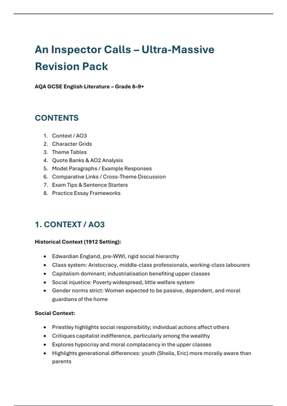 Summary An Inspector Calls – Ultimate GCSE Revision Pack - English ...