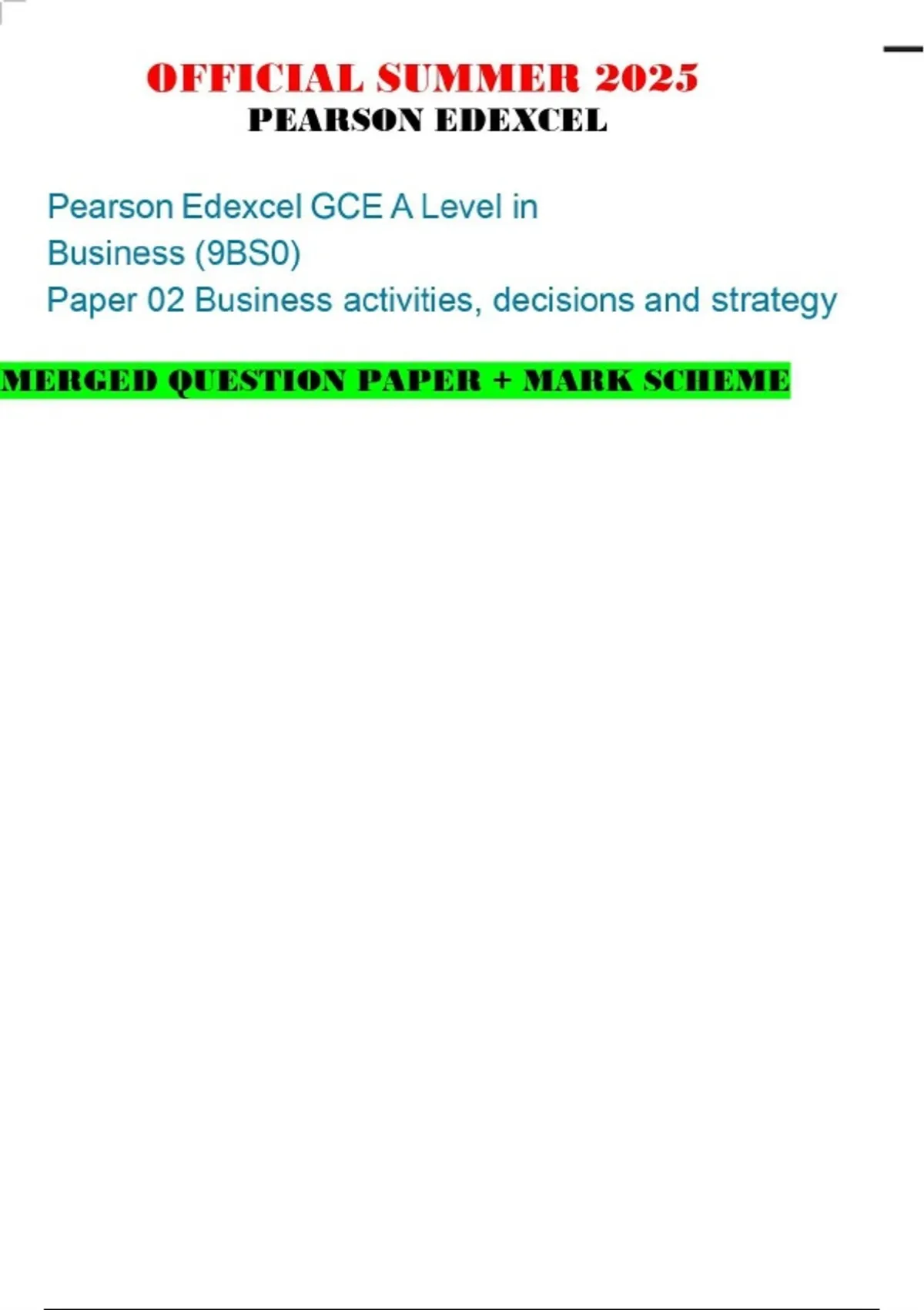OFFICIAL SUMMER 2025 PEARSON EDEXCEL Pearson Edexcel GCE A Level in ...