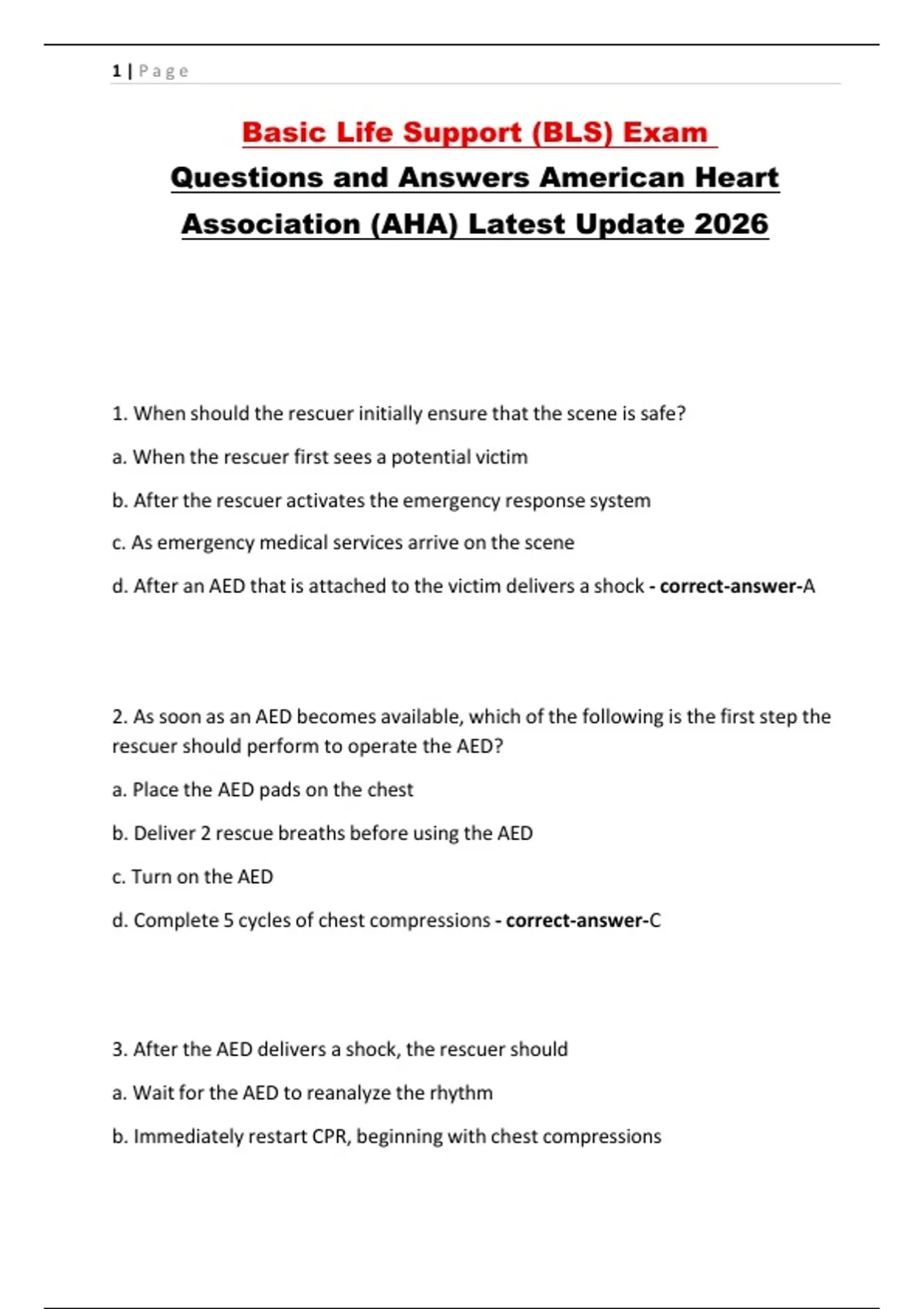 Basic Life Support (BLS) Exam Questions and Answers American Heart ...