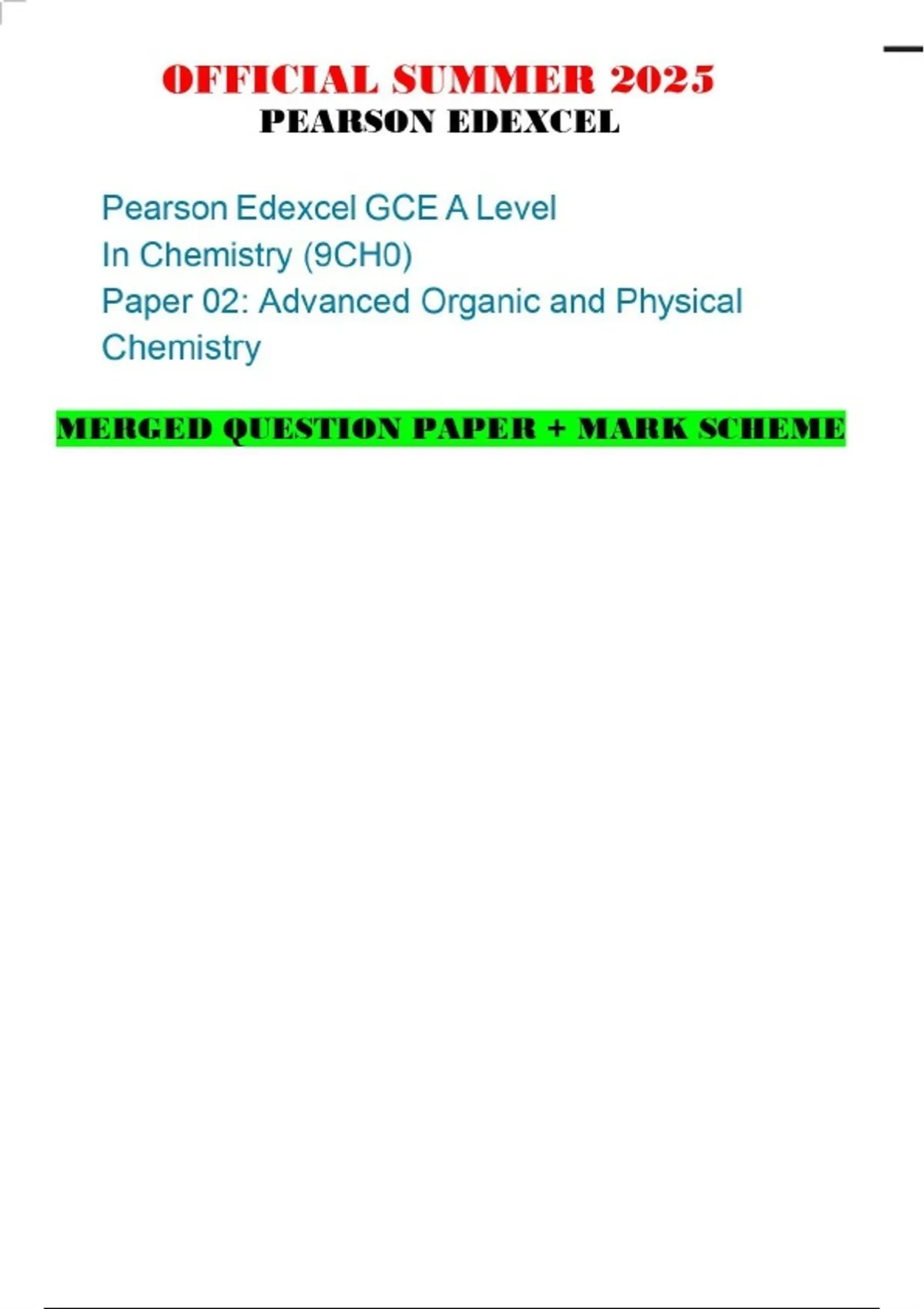 OFFICIAL SUMMER 2025 PEARSON EDEXCEL Pearson Edexcel GCE A Level In ...