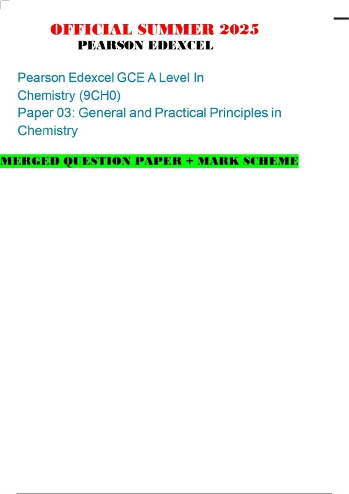 OFFICIAL SUMMER 2025 PEARSON EDEXCEL Pearson Edexcel GCE A Level In ...