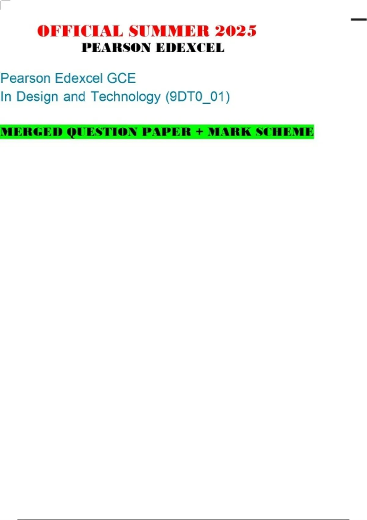 OFFICIAL SUMMER 2025 PEARSON EDEXCEL Pearson Edexcel GCE In Design and ...