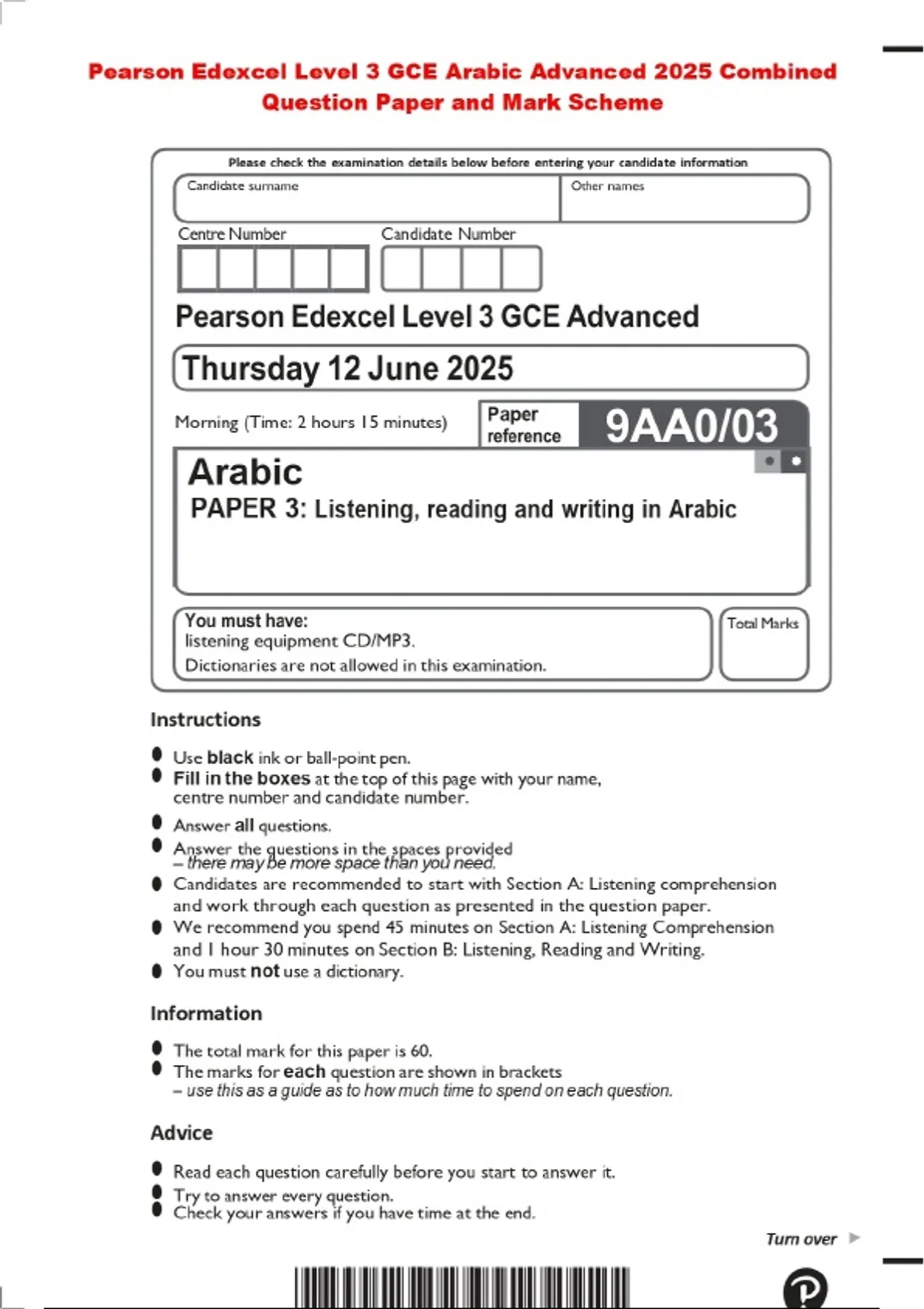 Pearson Edexcel Level 3 GCE Arabic Advanced 2025 Combined Question Paper and Mark Scheme ...