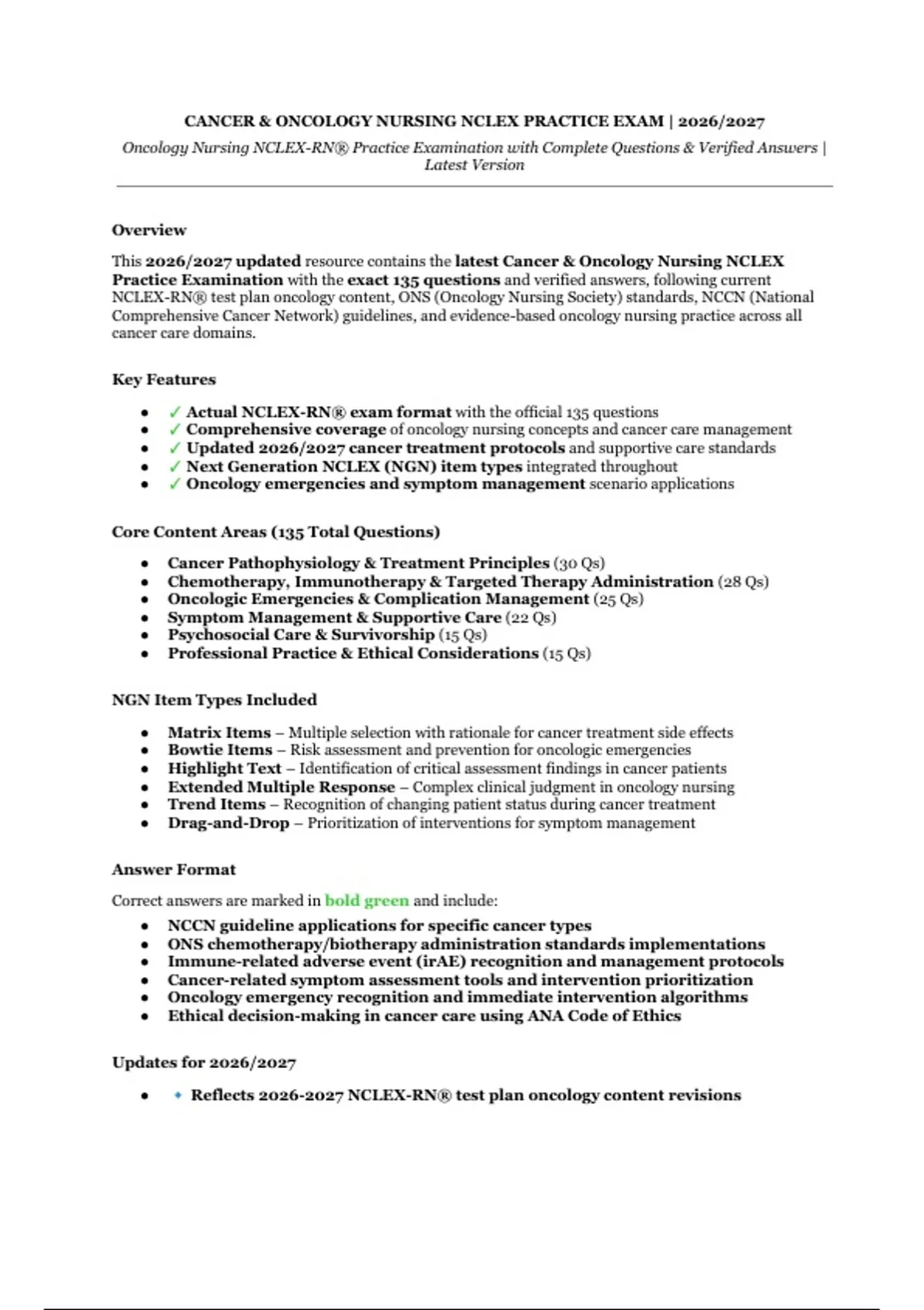 Cancer & Oncology Nursing NCLEX Practice Exam 2026/2027 | Oncology ...