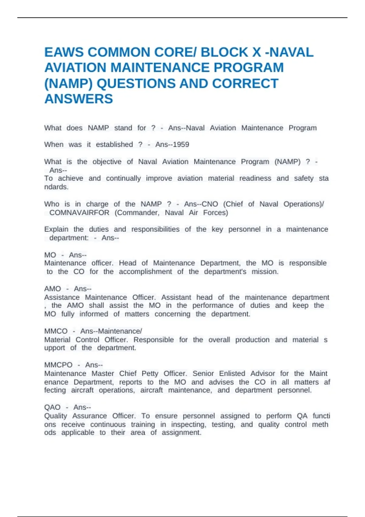 EAWS COMMON CORE/ BLOCK X -NAVAL AVIATION MAINTENANCE PROGRAM (NAMP ...