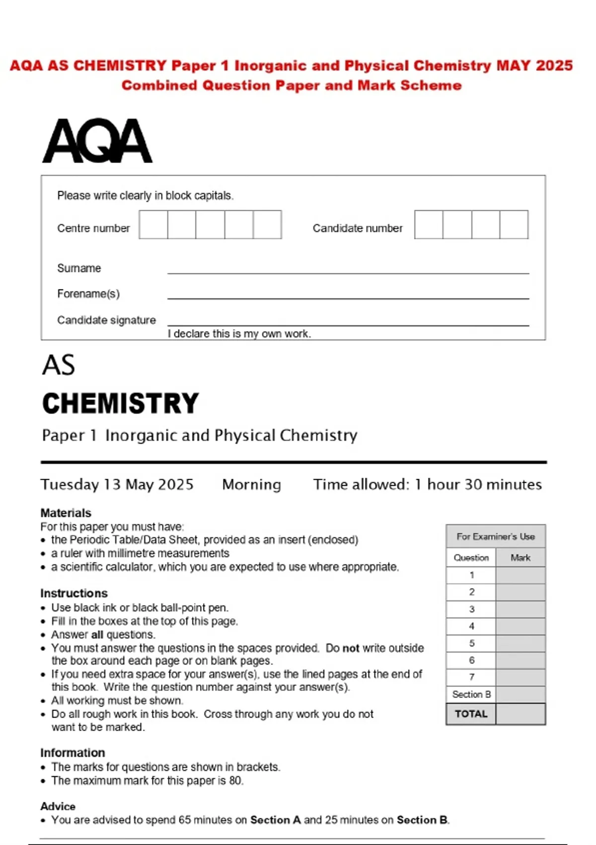 AQA AS CHEMISTRY Paper 1 Inorganic and Physical Chemistry MAY 2025 ...