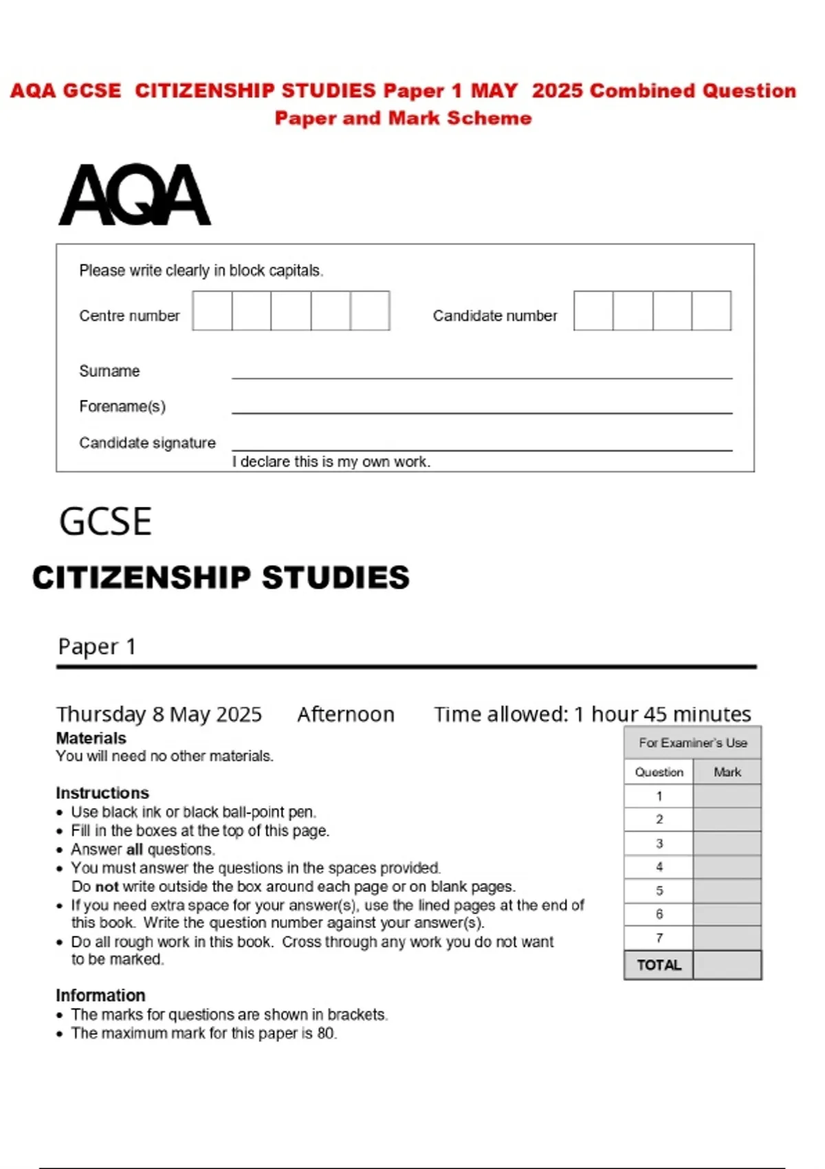 AQA GCSE CITIZENSHIP STUDIES Paper 1 MAY 2025 Combined Question Paper ...