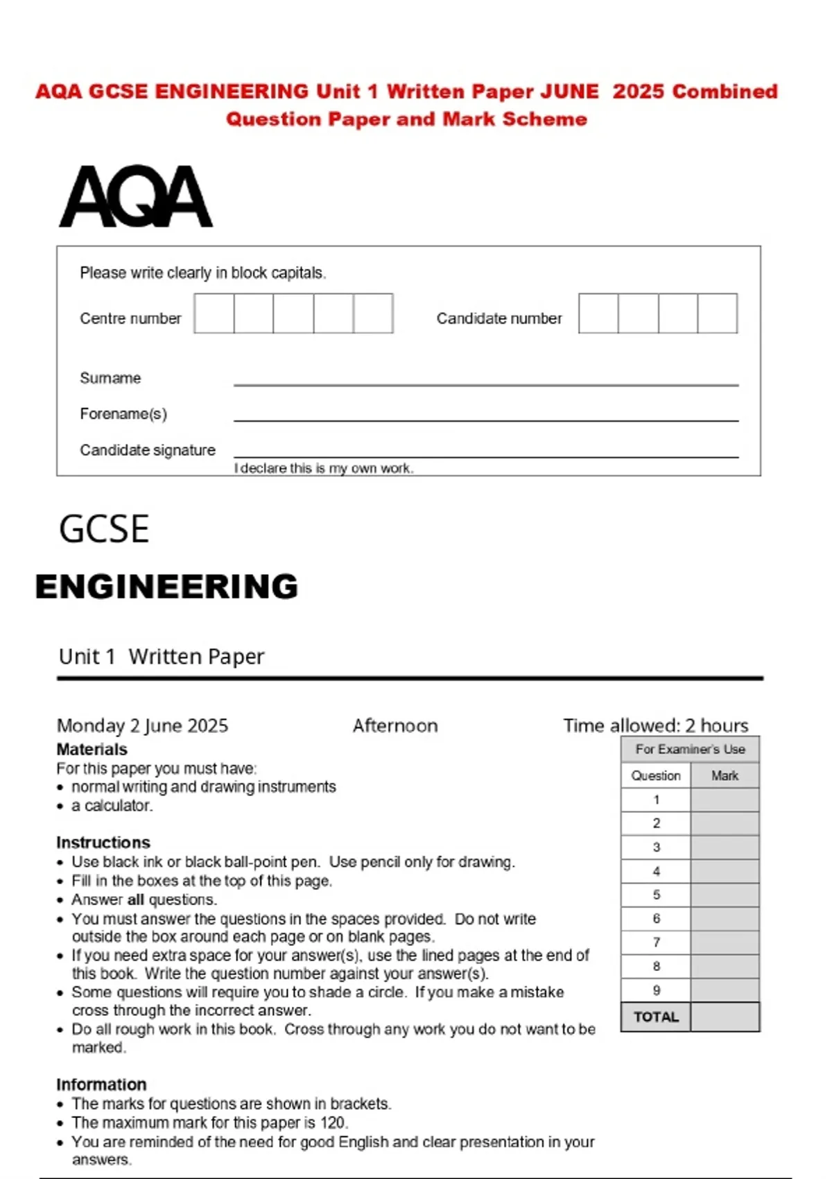 AQA GCSE ENGINEERING Unit 1 Written Paper JUNE 2025 Combined Question ...