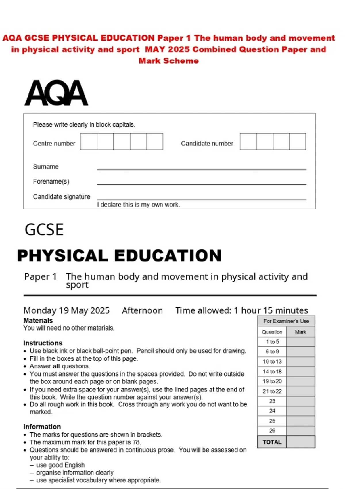 AQA GCSE PHYSICAL EDUCATION Paper 1 The human body and movement in ...