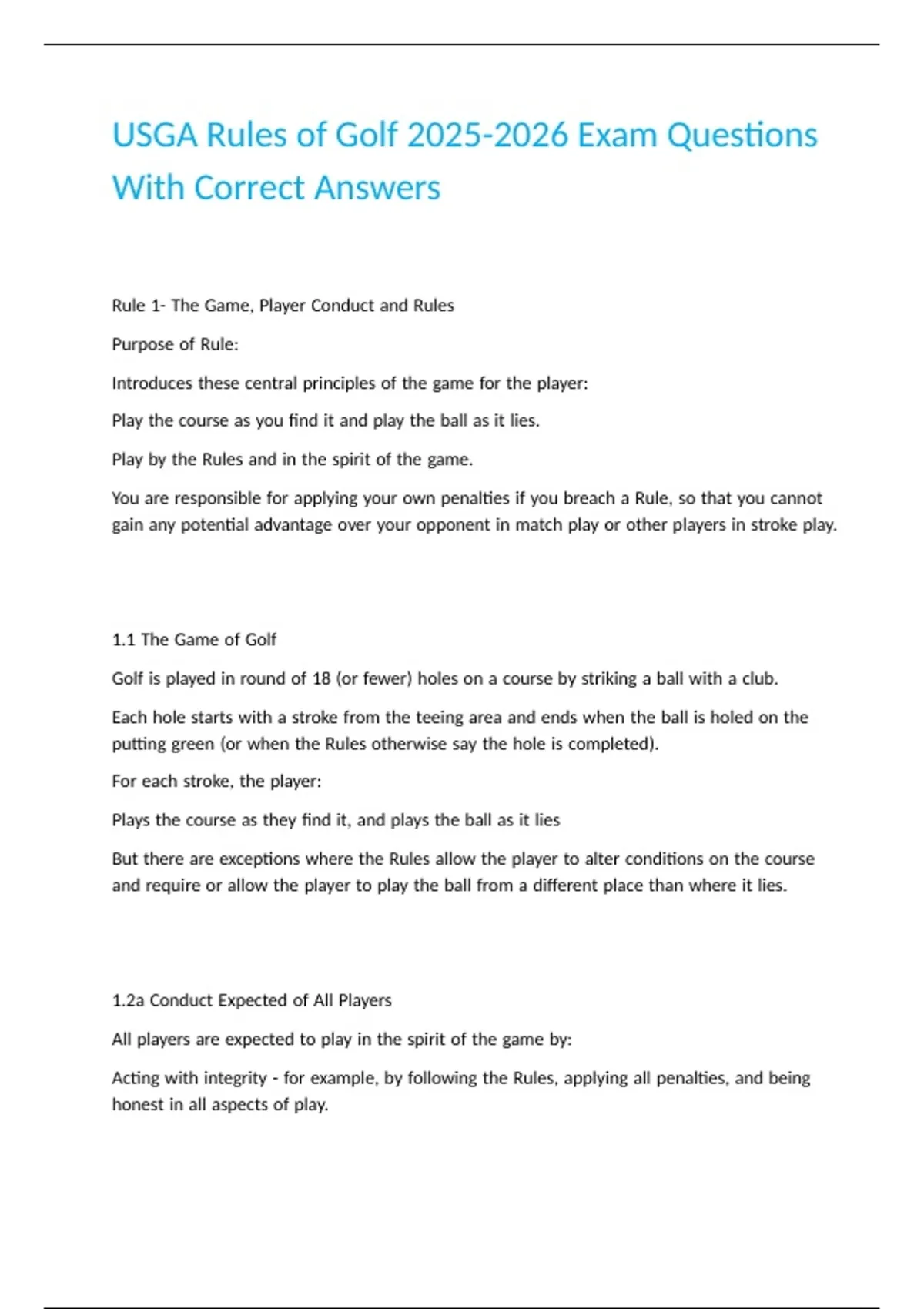 USGA Rules of Golf Exam Questions With Correct Answers - USGA - Stuvia US