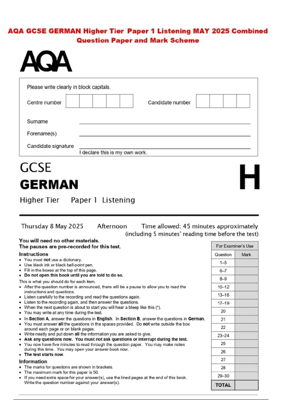AQA GCSE GERMAN Higher Tier Paper 1 Listening MAY 2025 Combined ...