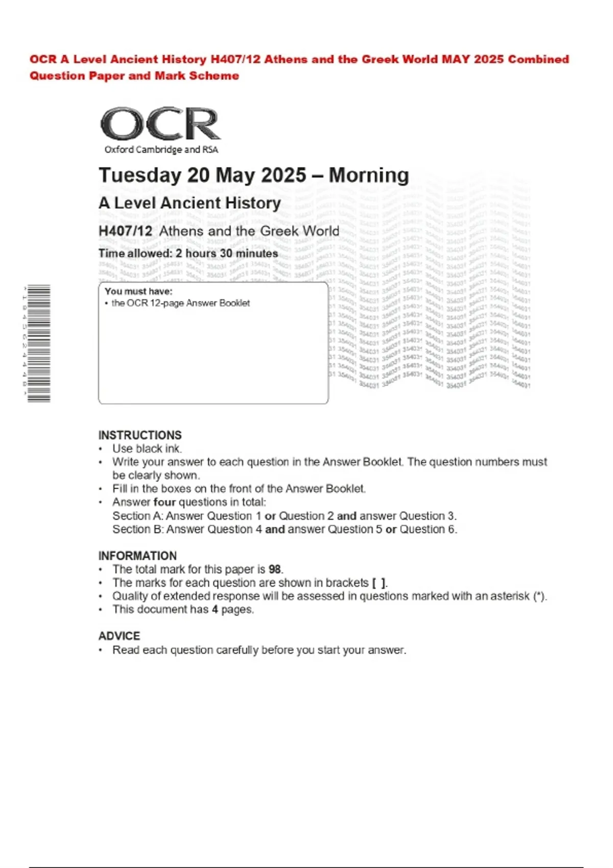 PACKAGE DEAL::: : OCR A Level Ancient History 2025 Merged Question ...