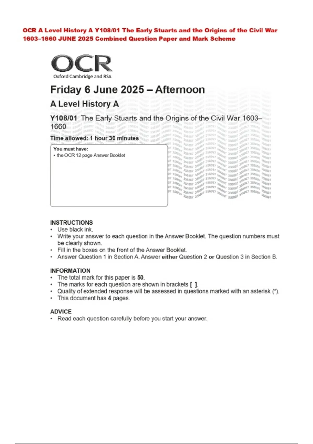 OCR A Level History A Y108/01 The Early Stuarts and the Origins of the ...